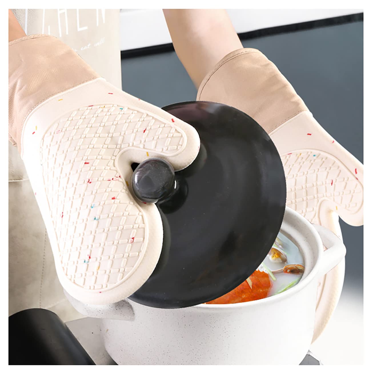 Oven Mitts and Pot Holders Sets 4Pcs Set, Lengthen High Heat Resistant Oven Glove Set, Waterproof Silicone Fashion Cute Microwave Gloves Safe for Baking,Cooking, BBQ