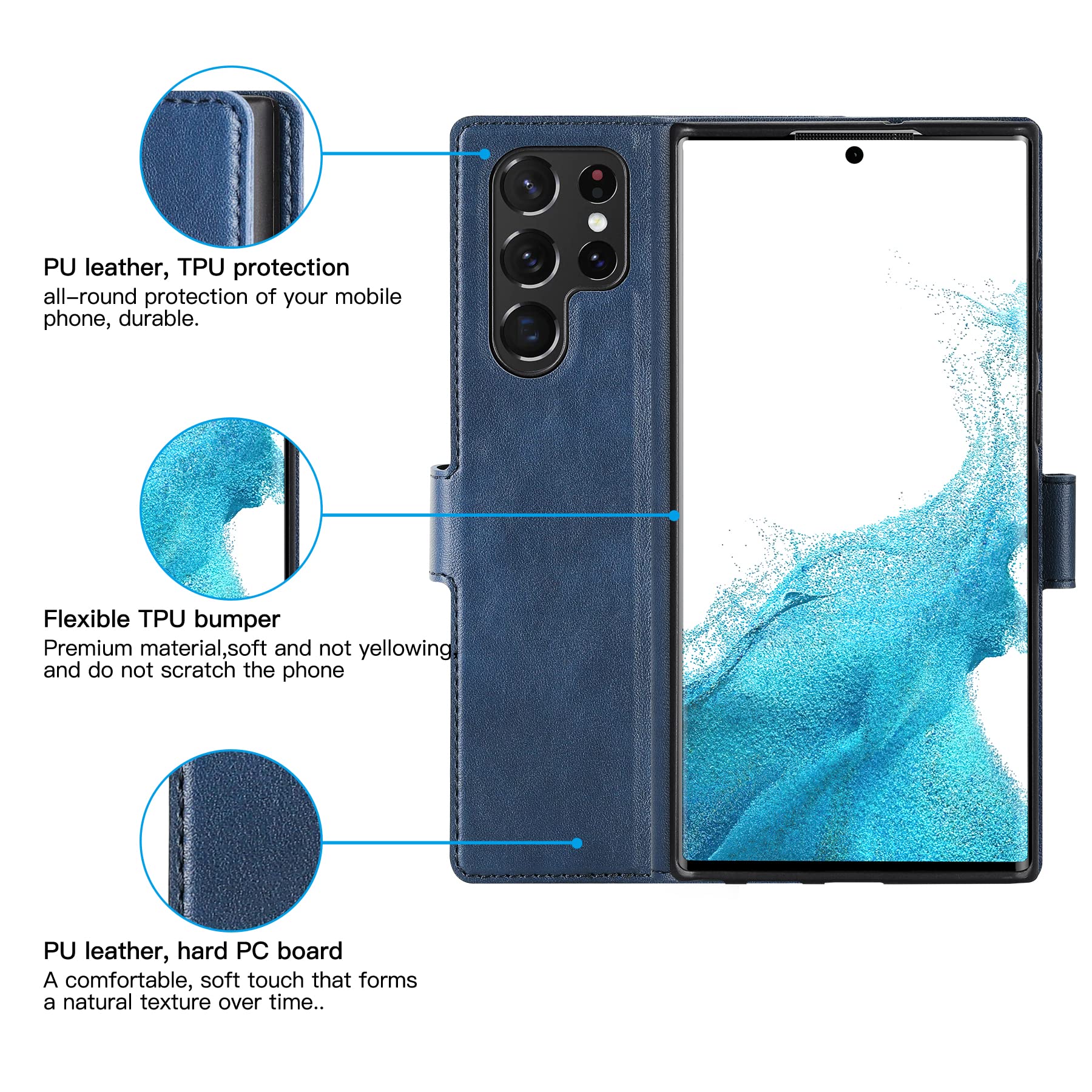 Paton Wallet Case for Samsung Galaxy S22 Ultra,PU Leather Galaxy S22 Ultra 5G Case with Card Holster Stand Magnetic Closure,Shockproof Fold Protective Phone Case for Samsung Galaxy S22 Ultra (Blue)