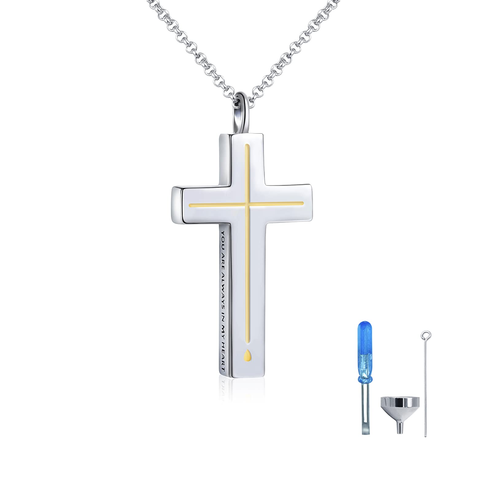 QIUQIULU 925 sterling silver cross souvenir ashes necklace urn pendant (gold)