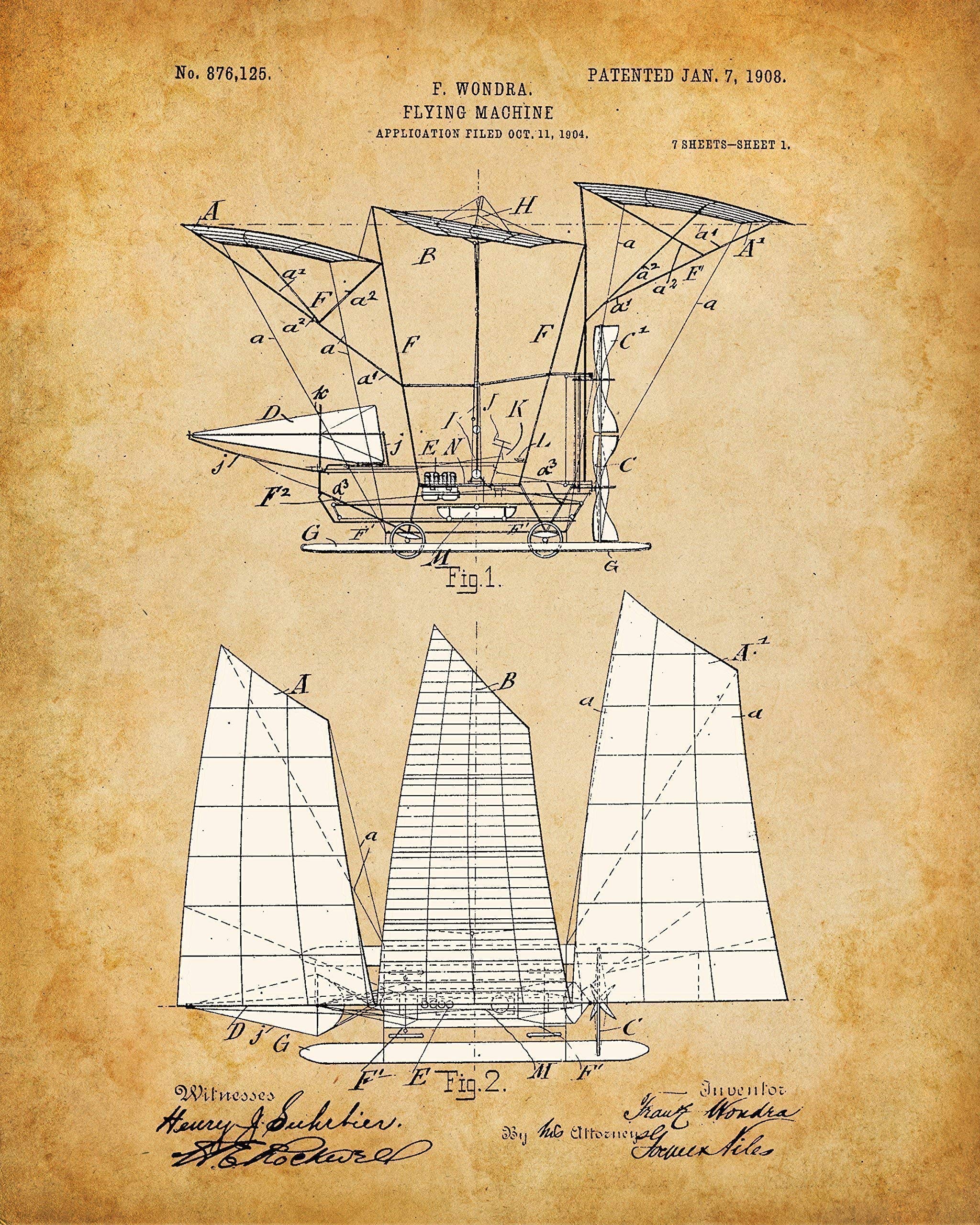 Original Flying Machines Patent Prints - Set of Four Photos (8x10) Unframed - Makes a Great Home or Man Cave Decor and Gift Under $20 for Engineers and Pilots