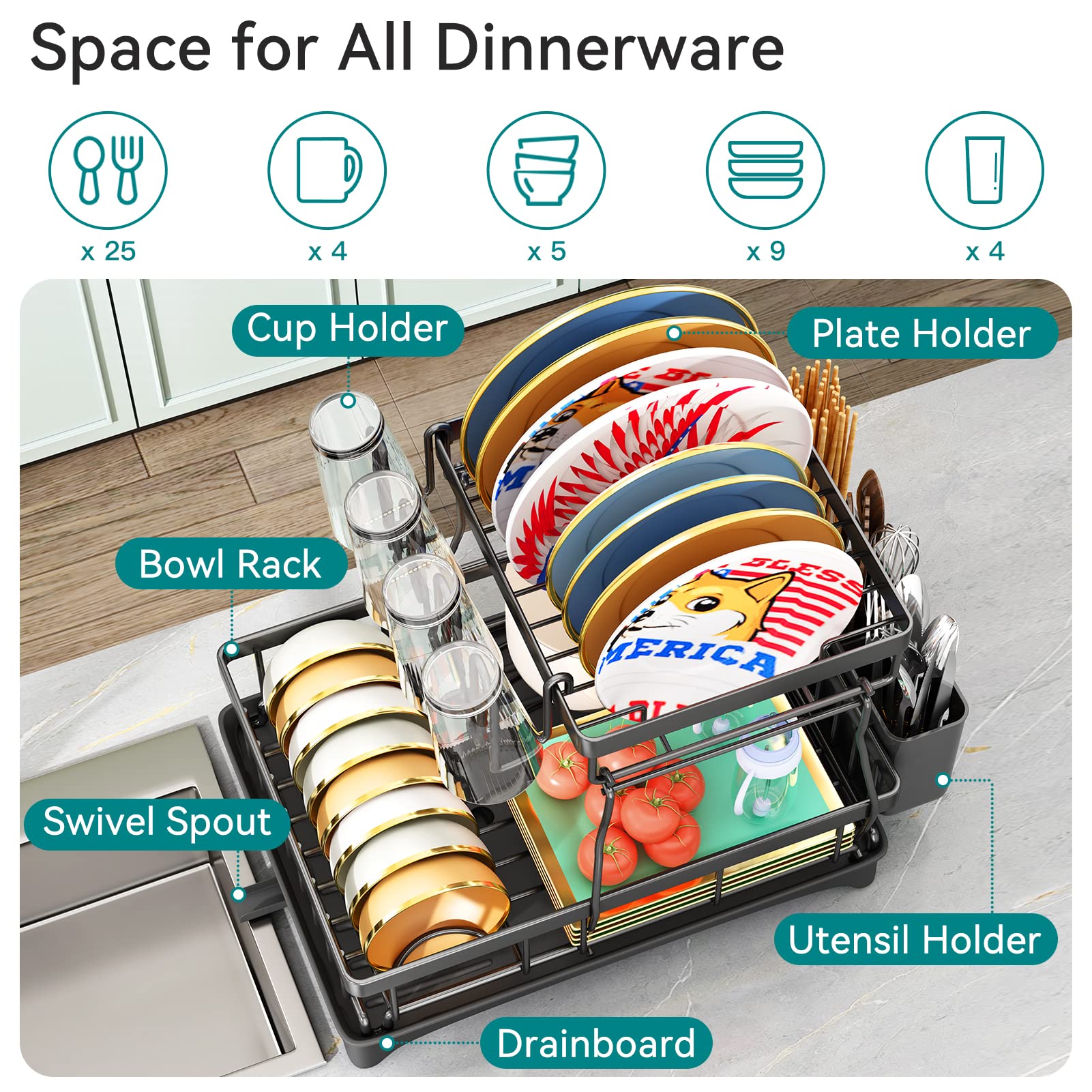 PXRACK Dish Drying Rack, Dish Racks for Kitchen Counter, Rrustproof Large 2 Tier Dish Drying Rack, Space-Saving Dish Drainers for Plate Utensil Cup Dish Drying Rack with Drainboard