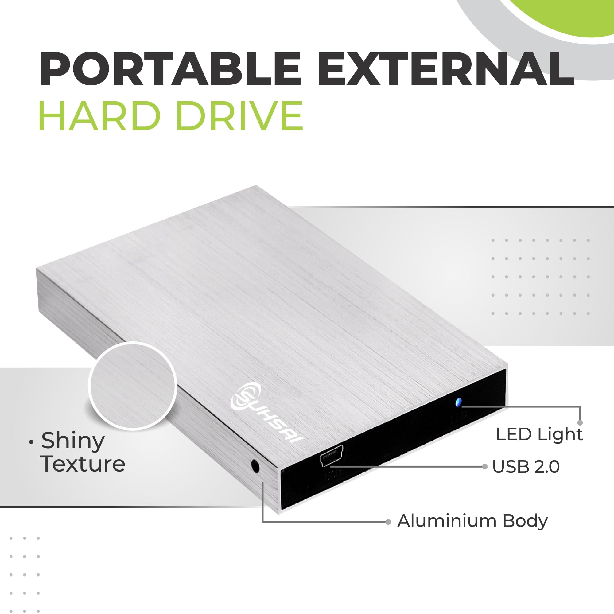 SUHSAI External Portable Hard Drive 500GB USB 2.0 HDD Storage and Backup Hard Disk Memory Expansion – Ultra Slim 2.5” Harddrive Compatible with PC, MAC, Laptop, Desktop Computer (Silver)
