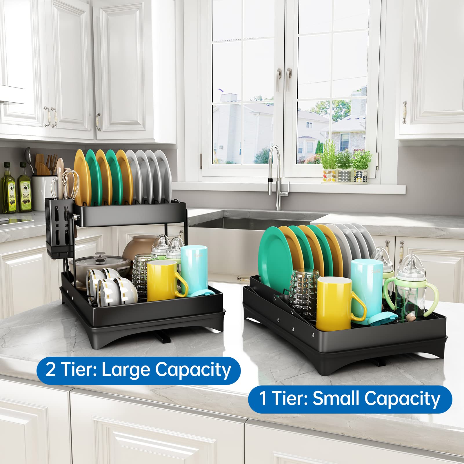 PXRACK Dish Drying Rack,Stainless Steel Dish Racks for Kitchen Counter Two Tier Collapsible Dish Racks for Storage Dishes Foldable Dish Drainer with Utensil Holder Organizer Dryer with Drainboard