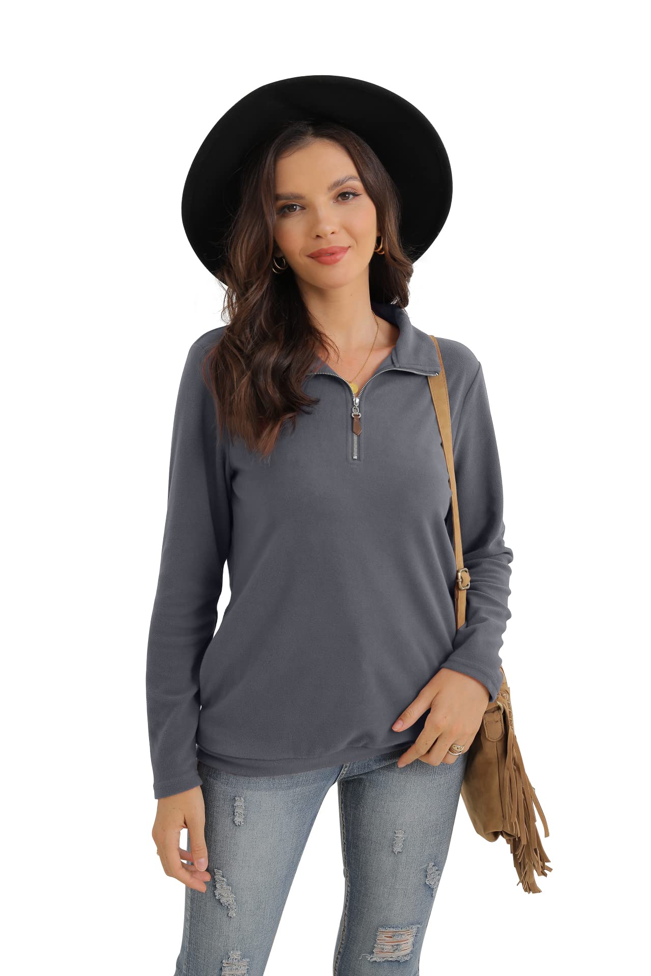 QIXING Women's Casual Half Zip Lightweight Sweatshirt Solid Stylish Loose Pullover Tops with Pocket Dark Grey-XX-Large