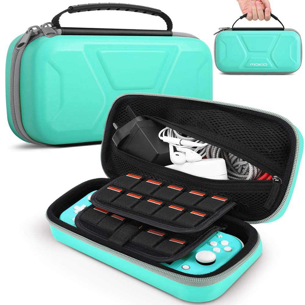 MoKo Carry Case Compatible with Nintendo Switch Lite, Fits AC Wall Charger Adapter, Protective Hard Shell Travel Carrying Case Pouch Compatible with Switch Lite with 20 Games Cartridges - Turquoise