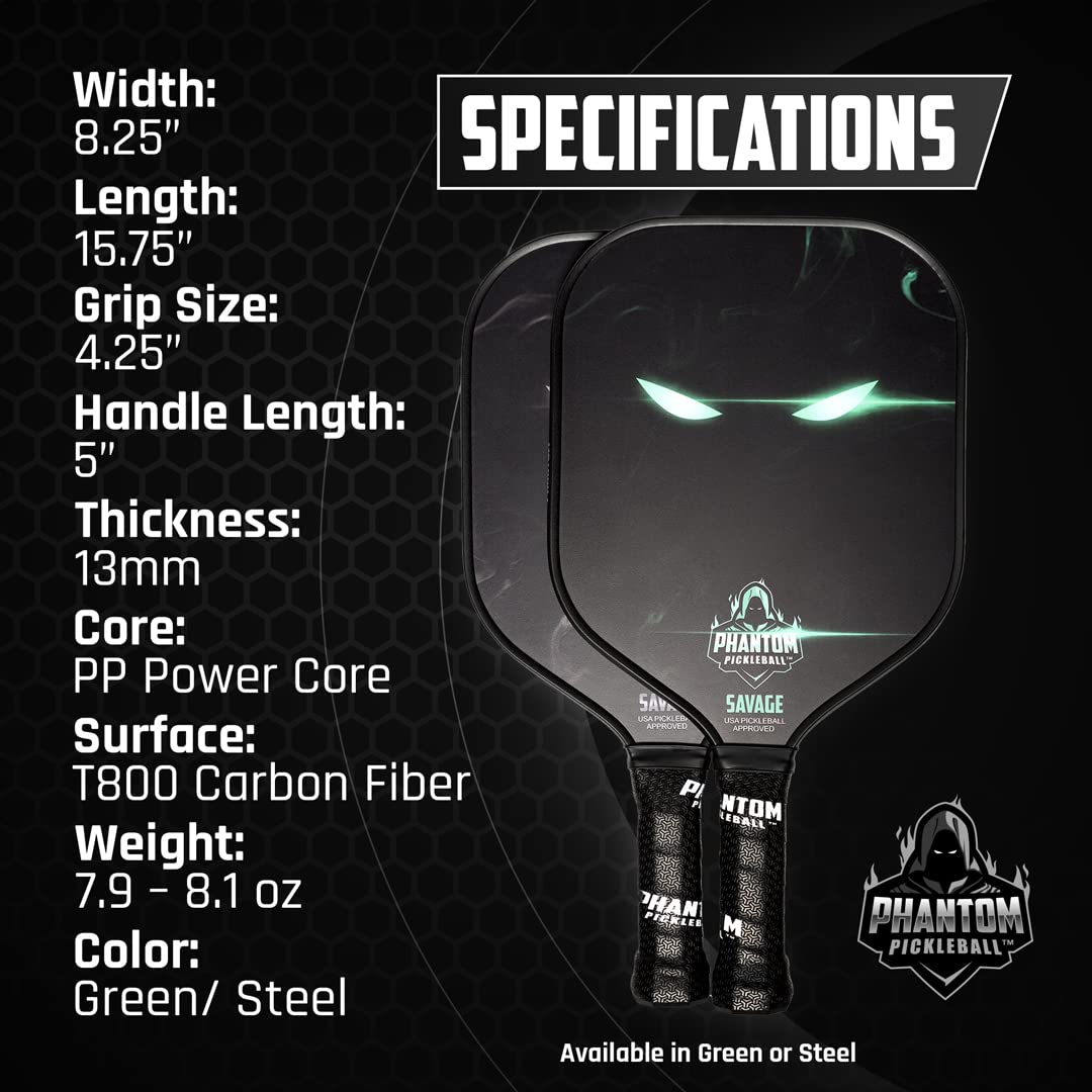 Phantom SAVAGE 13mm Carbon Fiber Wide Body Pickleball Paddles - Max Grit and Spin - USAPA Approved β Pickleball Rackets - Pickle-Ball Equipment with Polypropylene Core β Lightweight (Green)