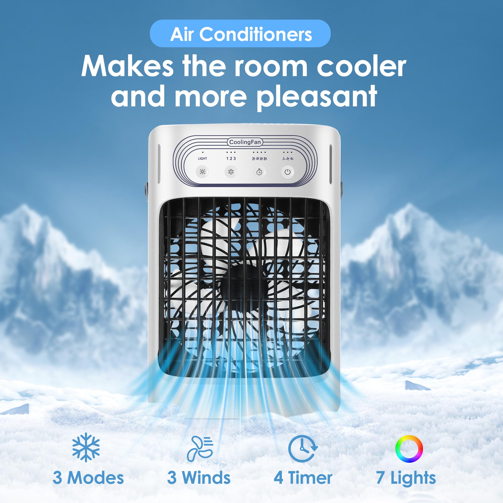 TAKSHO Portable Air Conditioner 3 Cold Wind Speeds-3 Mist Levels, 7 Color-Changing LED Lights - 10W&900ml Water Tank, USB-Powered Evaporative Air Cooler Unit with 2-8 Hour Timer, portable cooling fan