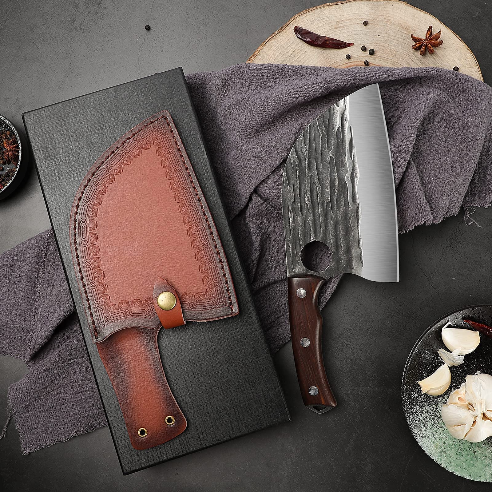 ROCOCO Serbian Chef Knife 6.5" Butcher Knife Japanese Full Tang Boning Chopping Viking Cleaver with Sheath for Kitchen Outdoor BBQ Camping Thanksgiving Christmas Gift Gift Men