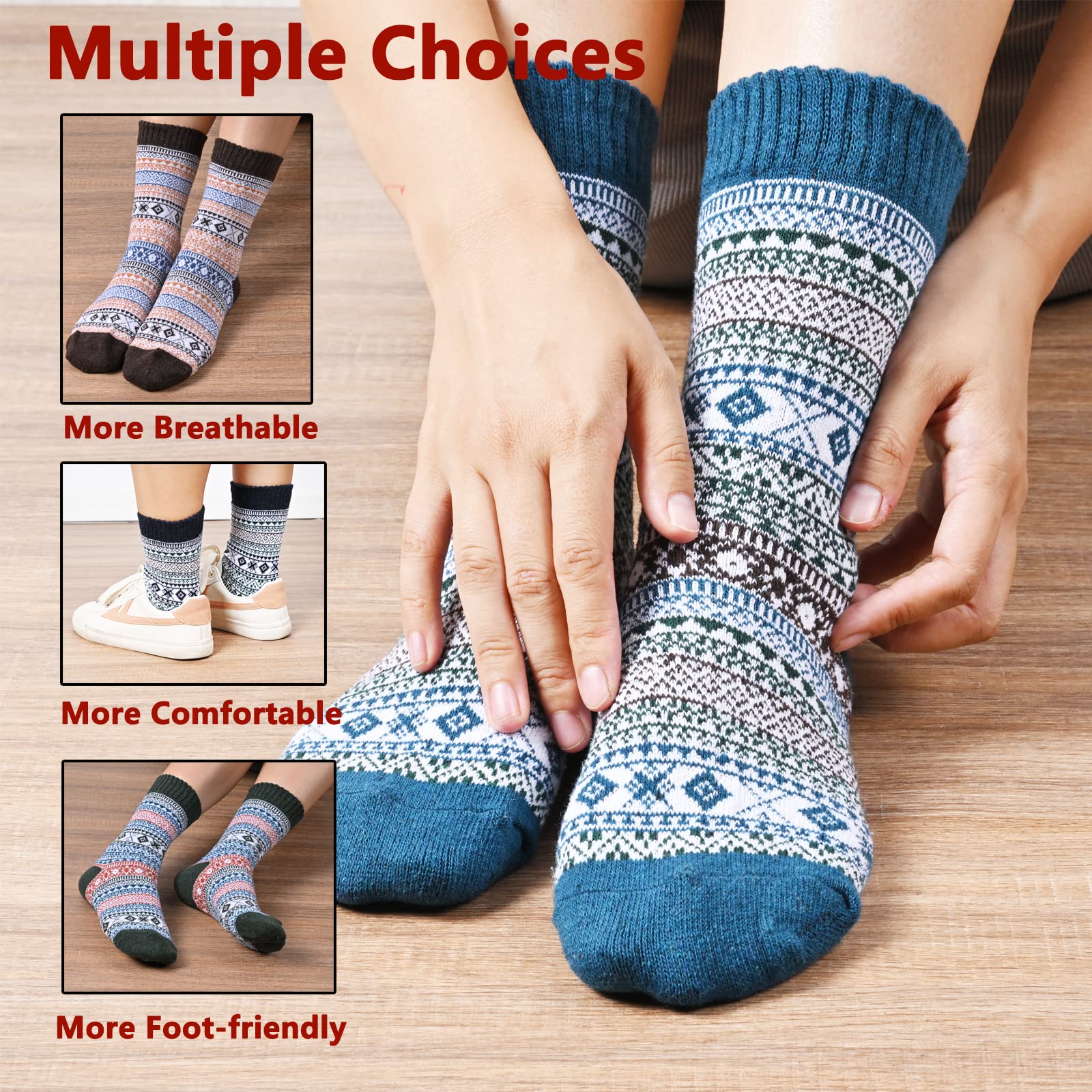 QIYISS 5 Pack Womens Wool Socks Winter - Soft Warm Cold Knit Wool Crew Socks Christmas Gift Socks for Women Vintage Casual Socks
