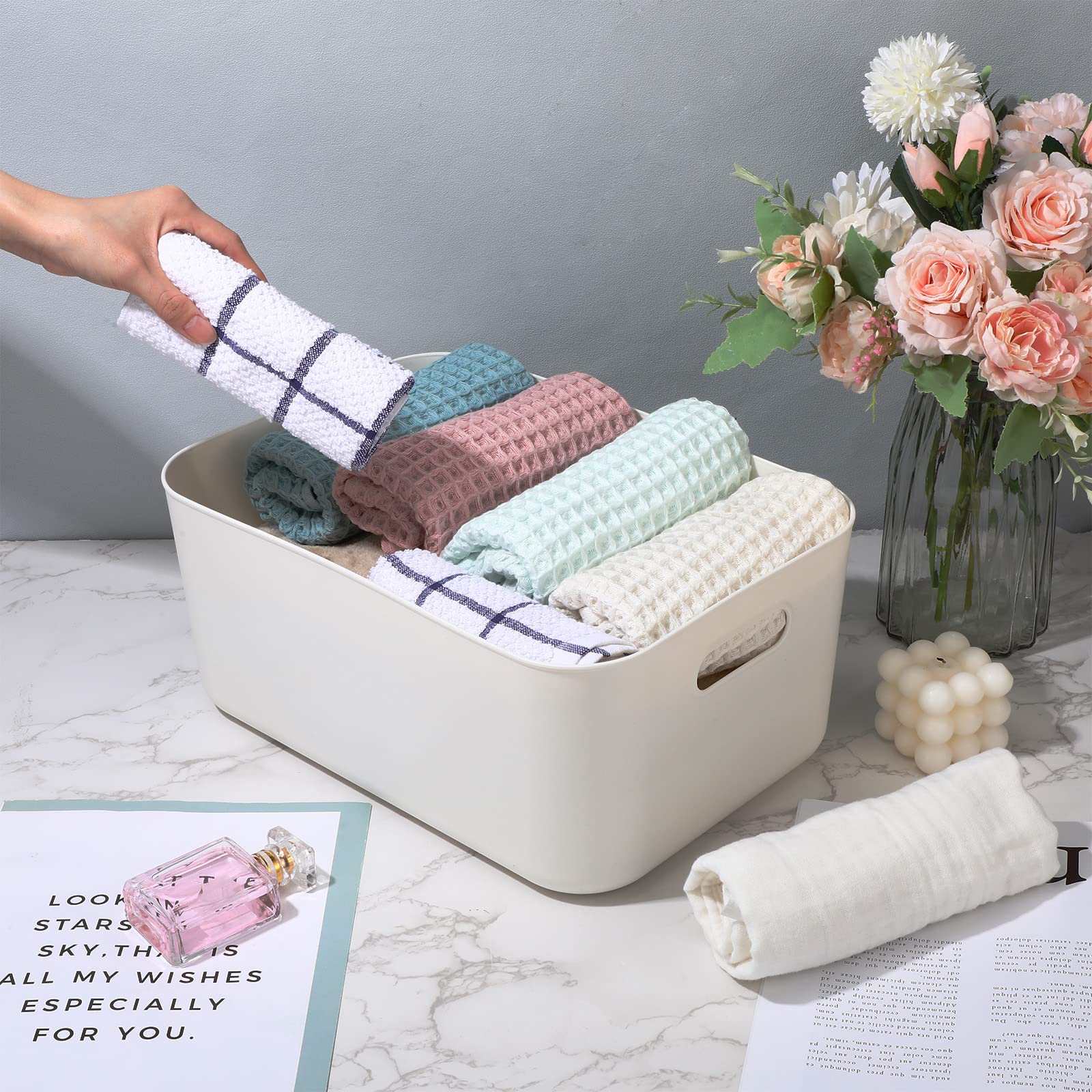 Plastic Storage Bins 10 Pcs White Storage Bin Pantry Organizer Bins Small Storage Baskets Storage Containers for Home Kitchen (14 x 10.5 x 6.4 Inch)