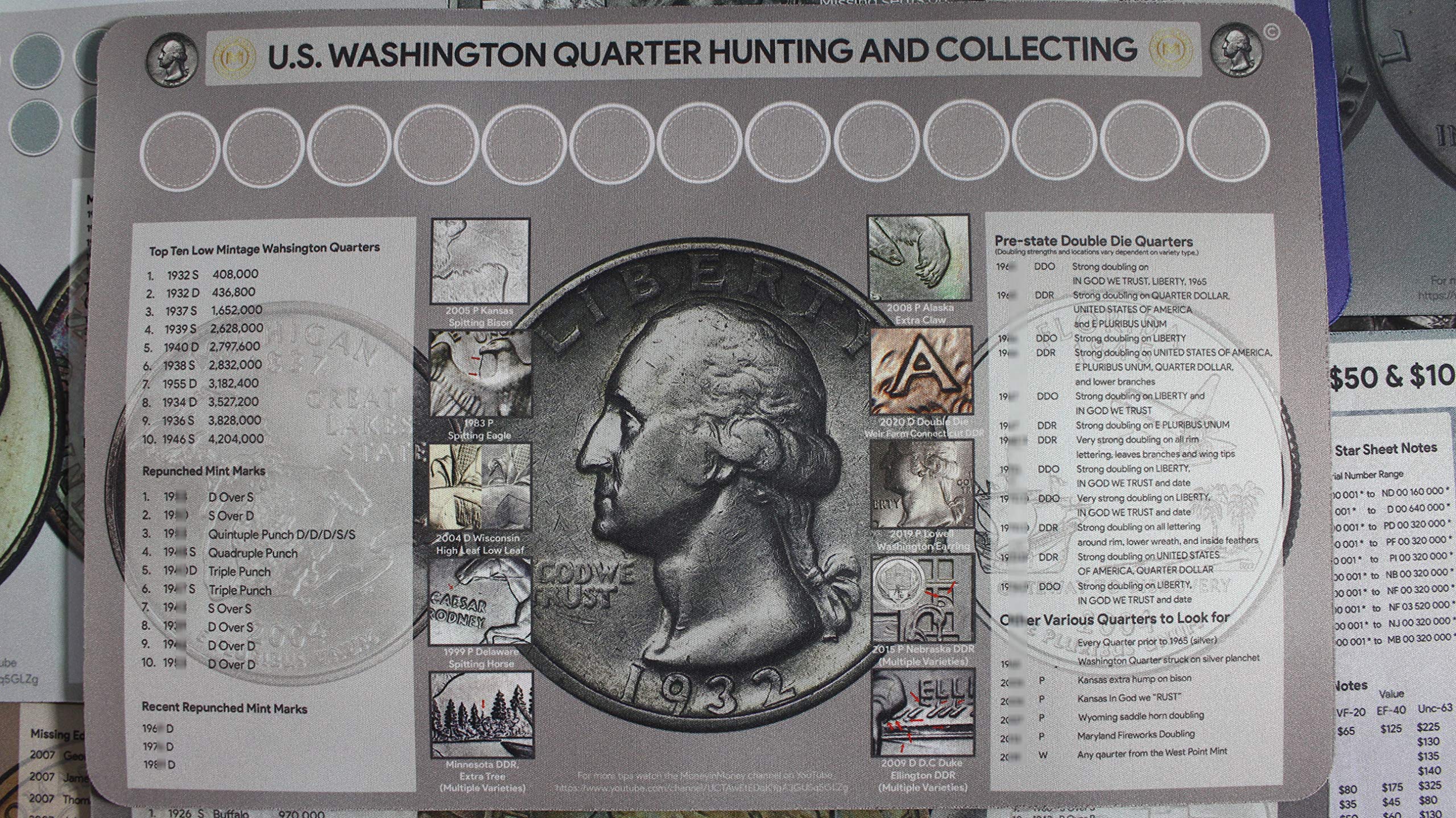 U.S. Quarter Hunting and Collecting 11" x 17" Coin Roll Mat Rubber and Cloth