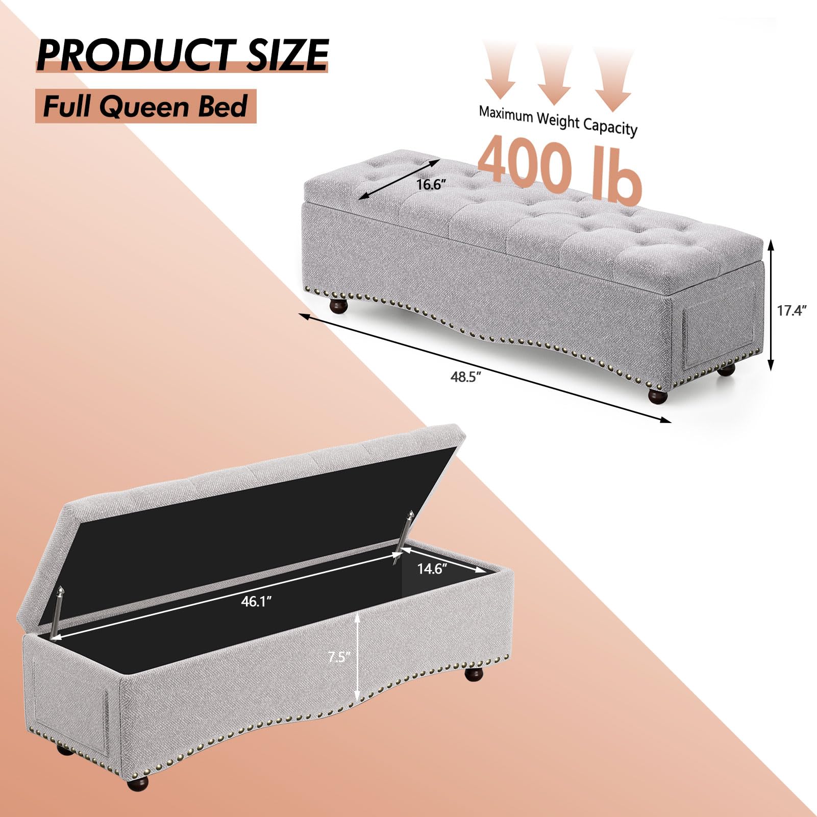 ZZW Storage Ottoman Bench 48.5“ Upholstered Storage Bench with Larger Storage Space End of Bed Bench with Safety Hinge & Wood Legs Tufted Fabric Ottoman for Bedroom & Living Room & Entryway