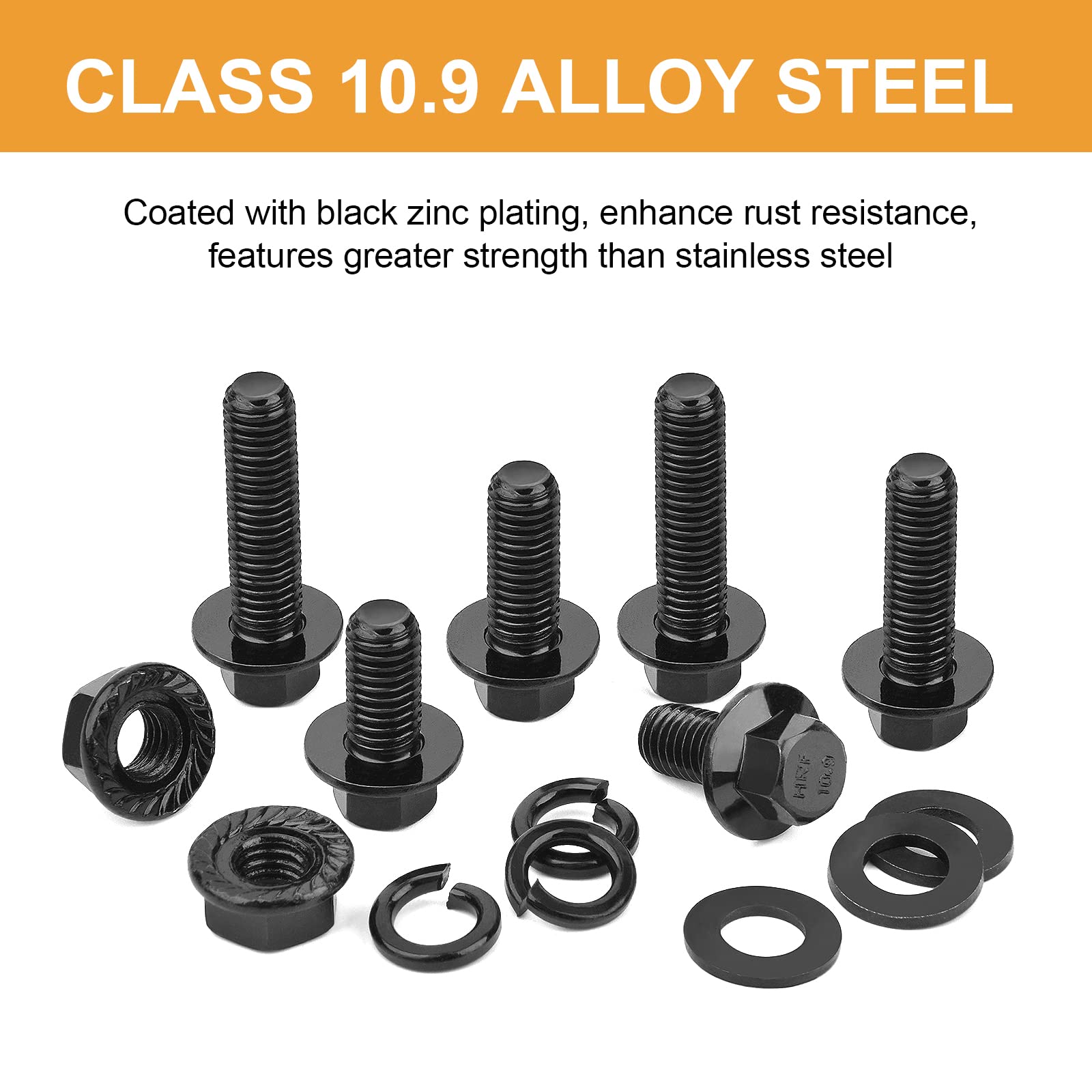 VIGRUE 252Pcs Flange Hex Head Bolts Nuts Washers Kit(12mm to 30mm) Class 10.9 Alloy Steel Black Zinc Plated M6-1.0 M8-1.25 Metric Flange Bolt Assortment Full Coarse Thread