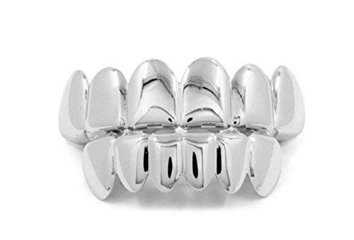 Lingduan 18K Gold Plated Hip Hop Removeable Mouth Grillz Set Removeable Fake Teeth Set Top and Bottom Denture Halloween Vampire Teeth Silver Flat Fake Teeth Set (Silver)