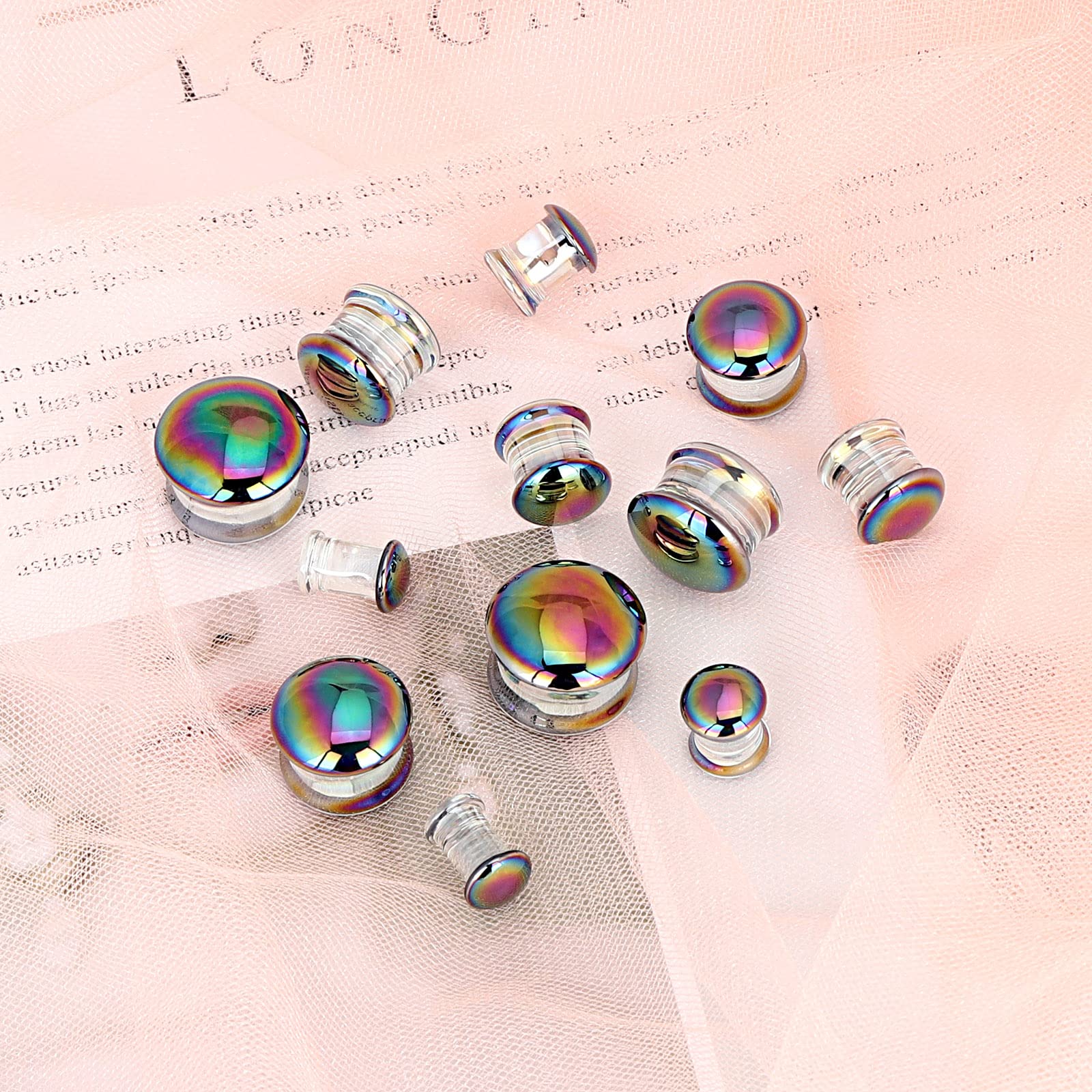 Qmcandy Glass Rainbow Ear Gauges Saddle Double Flare Plugs Tunnels Piercing 0g