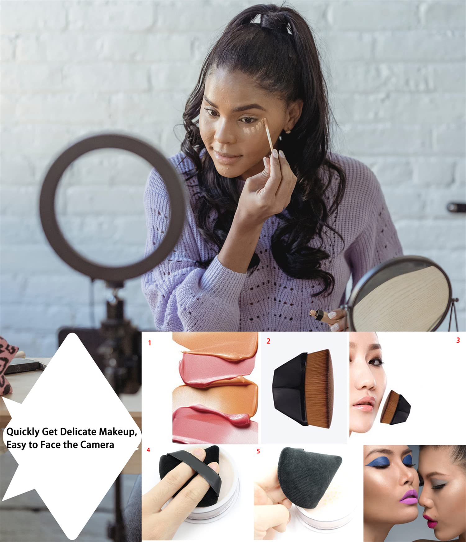 Triangle Powder Puff, 6+1 Pieces Makeup Powder Puffs and Kabuki Foundation Brush, Soft Velour Powder Puffs for Face and Body Foundation Sponge, Setting Powder Puff Wet Dry Makeup Tool