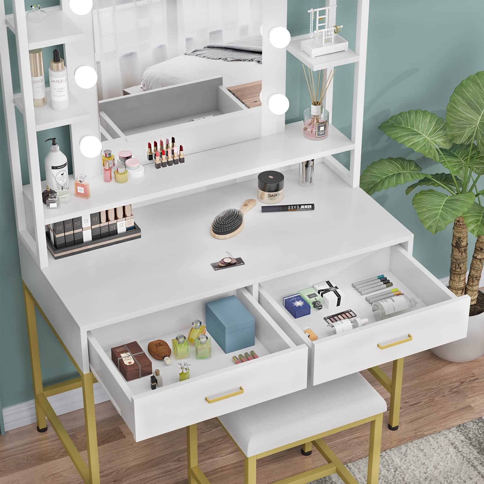 KCRET Vanity Set with Lighted Mirror, Makeup Vanity Dressing Table with LED Light & 2 Drawer, Storage Shelves and Cushioned Stool for Bedroom