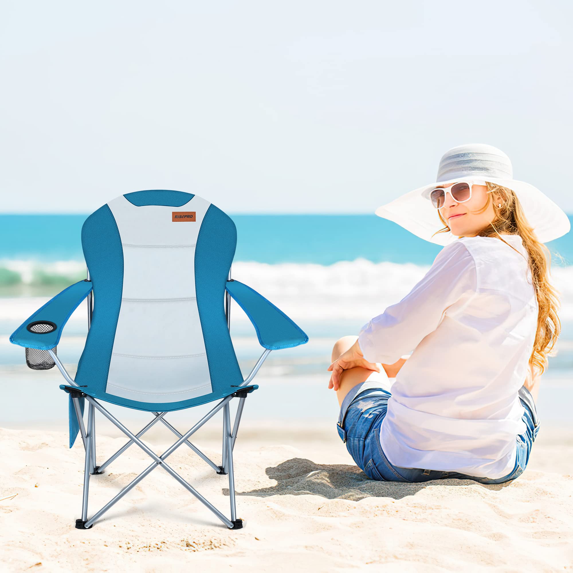 RISEPRO Oversized Camping Folding Chair Heavy Duty Support 265 LBS Heavy Duty Steel Frame Arm Chair with Cup Holder Fully Padded Back Chair Portable for Outdoor DC