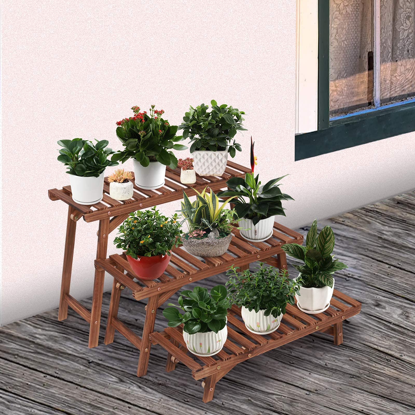 Ufine Freestanding 3 Tier Ladder Shelf Wood Plant Stand Indoor Outdoor Plant Display Rack Flower Pot Holder Planter Organizer