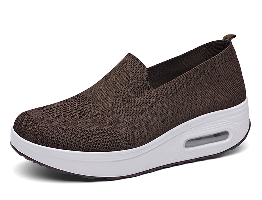 peculoon Women's Summer Platrform Walking Shoes Casual Slip On Sneakers Air Cushion Wedge Loafers Light Weight Nursing Shoes (Coffee, Numeric_4_Point_5)