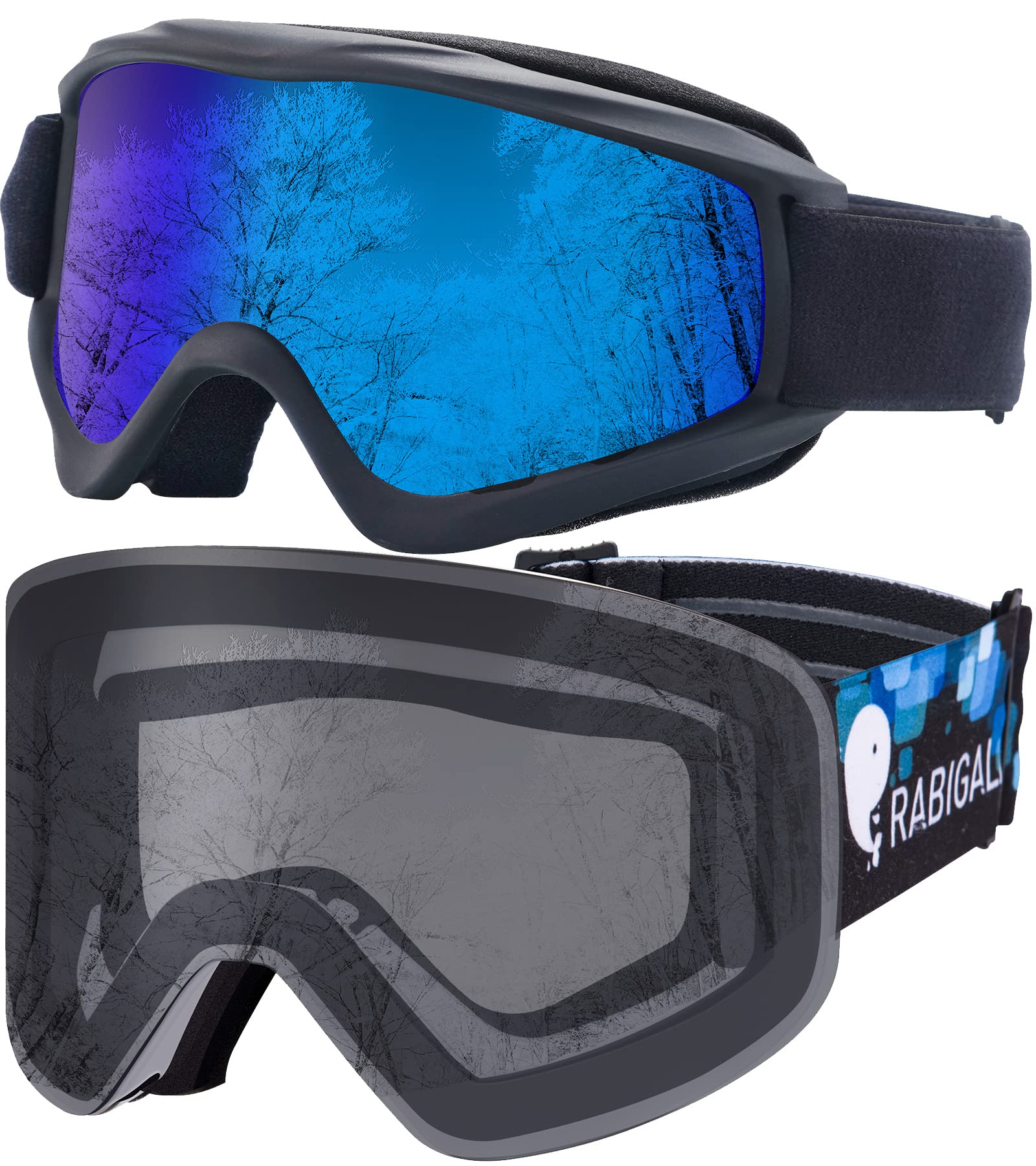 RABIGALA Kids Ski Goggles Bundle with Adult Ski Goggles Interchangeable Lens Frameless (blue&silver)
