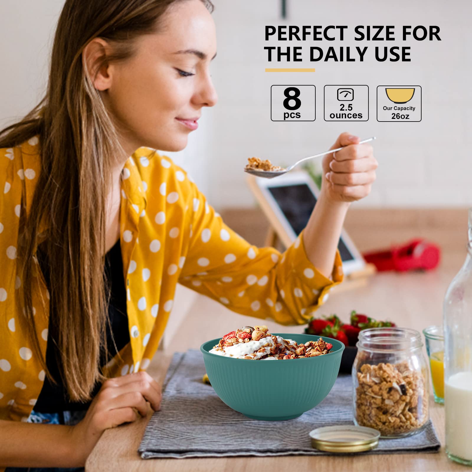 PYRMONT 26 OZ Plastic Bowls-Soup Bowls, Bowl Set of 8, Cereal Bowl, Small Bowls, Wheat Straw Bowls, Bowls for Kitchen,Unbreakable Kids bowls, Dishwasher & Microwave Safe Bowls, BPA-Free
