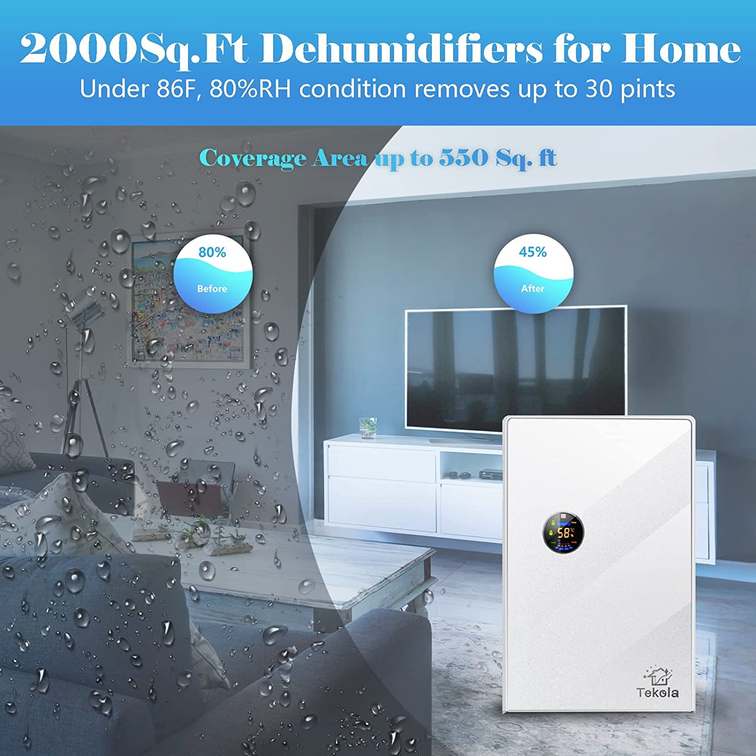 Tekola Dehumidifier Home Basement,550 Sq.ft High Humidity Remote Control,Auto Shut Off,2100ml (71 oz) Ultra Quiet Portable Air Dehumidifiers Basements,Bedroom,Bathroom,RV,Laundry Room Red