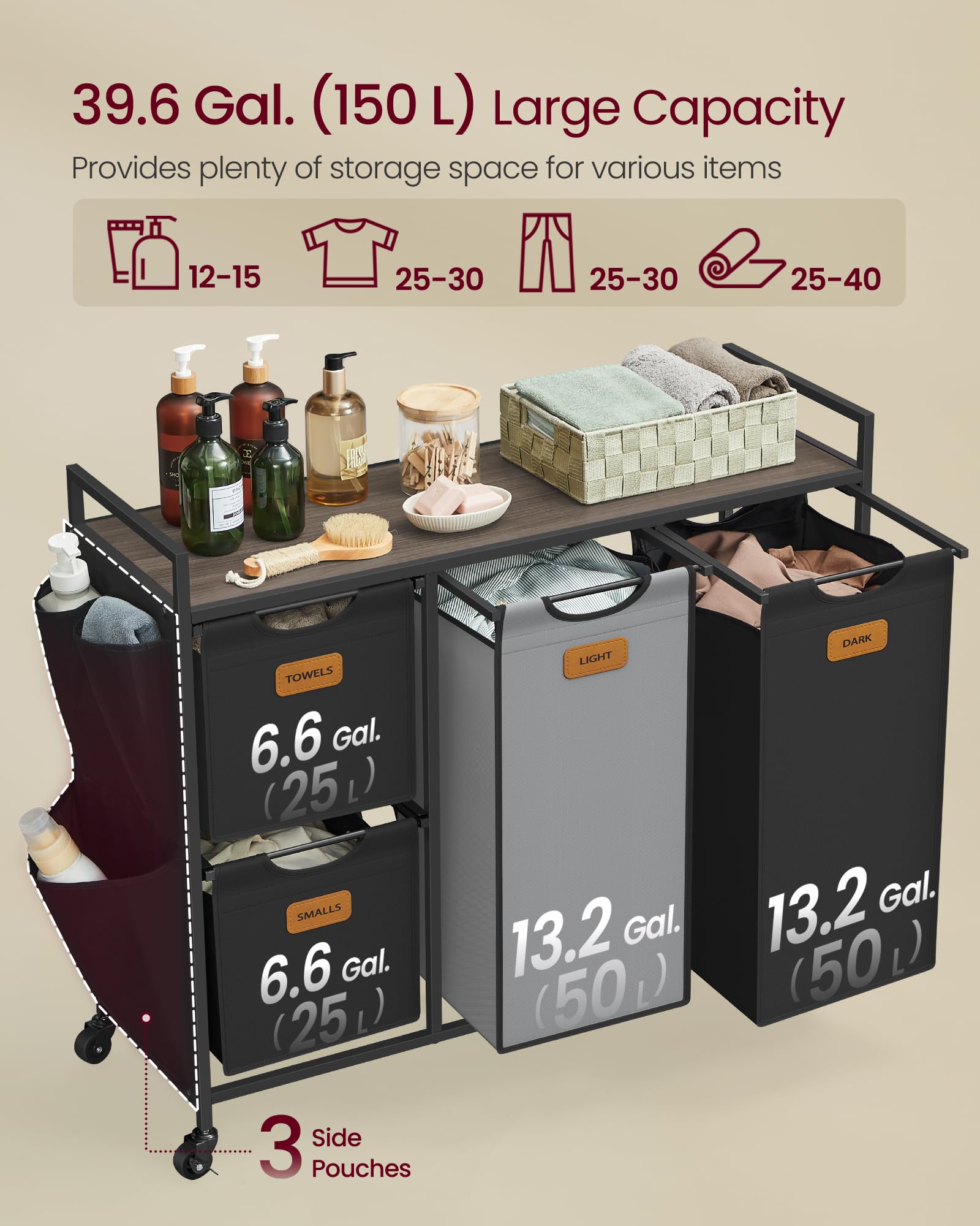 VASAGLE Laundry Hamper with 4 Compartments, 39.6 Gal. (150 L) Laundry Sorter, Rolling Laundry Cart with Shelves, Small Side Pockets, 6 Labels, Chestnut Brown, Ink Black and Dove Gray UBLH203B01