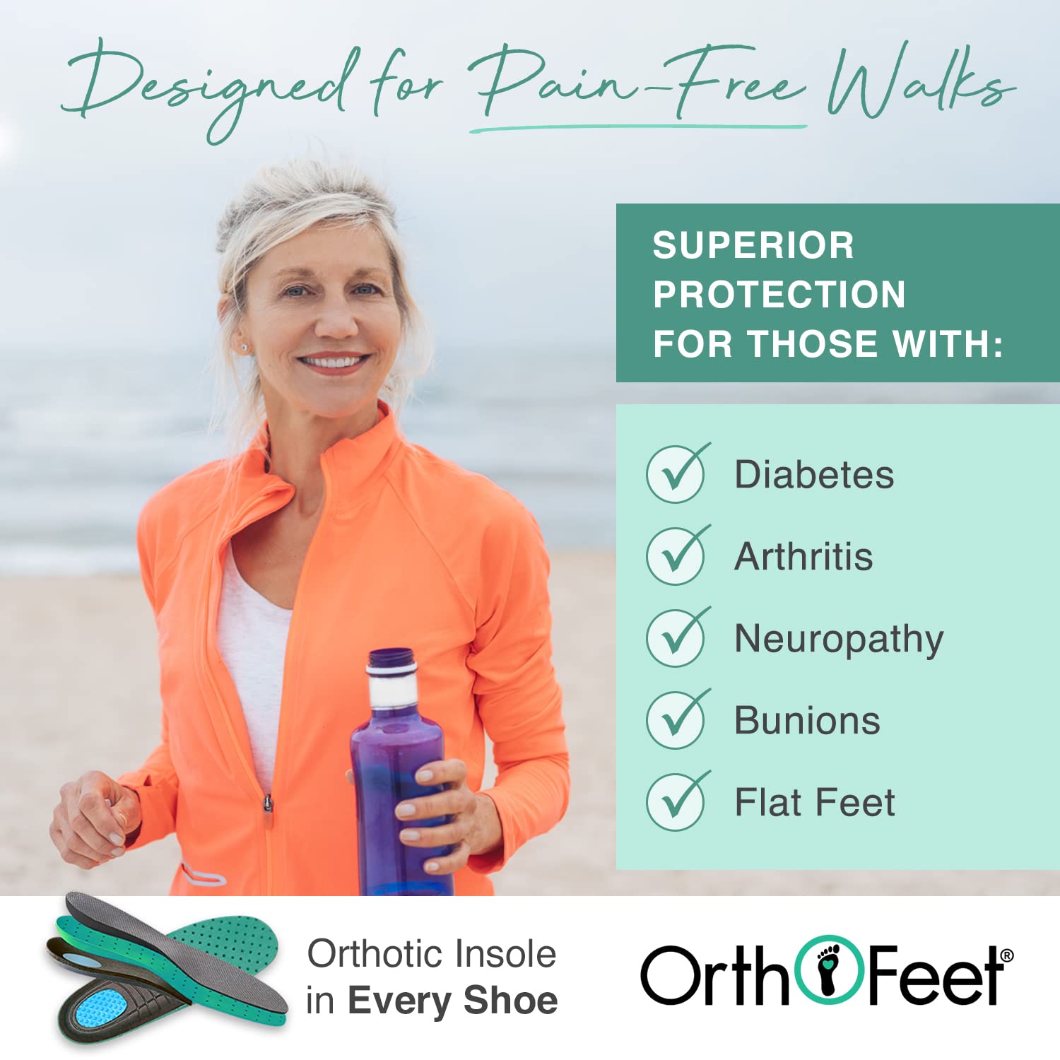 Orthofeet Women's Orthopedic Turquoise Verve Tie-Less Sneakers, Size 7 Wide