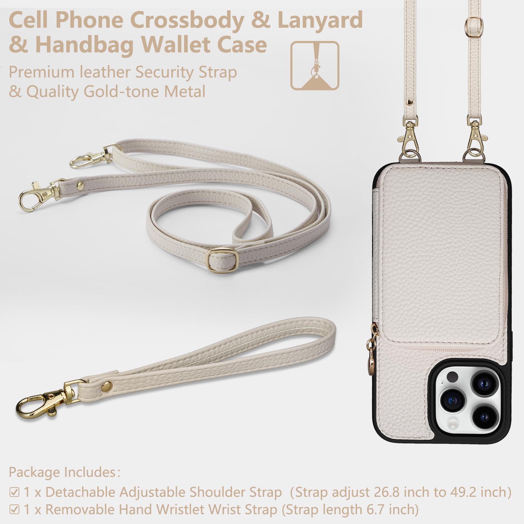 Keallce Compatible with iPhone 15 Pro Max 6.7 inch Case Wallet, Crossbody Zipper with RFID Blocking Card Slots Kickstand, Lanyard & Handstrap Flip Leather Cover for iPhone 15 Pro Max 2023, Beige