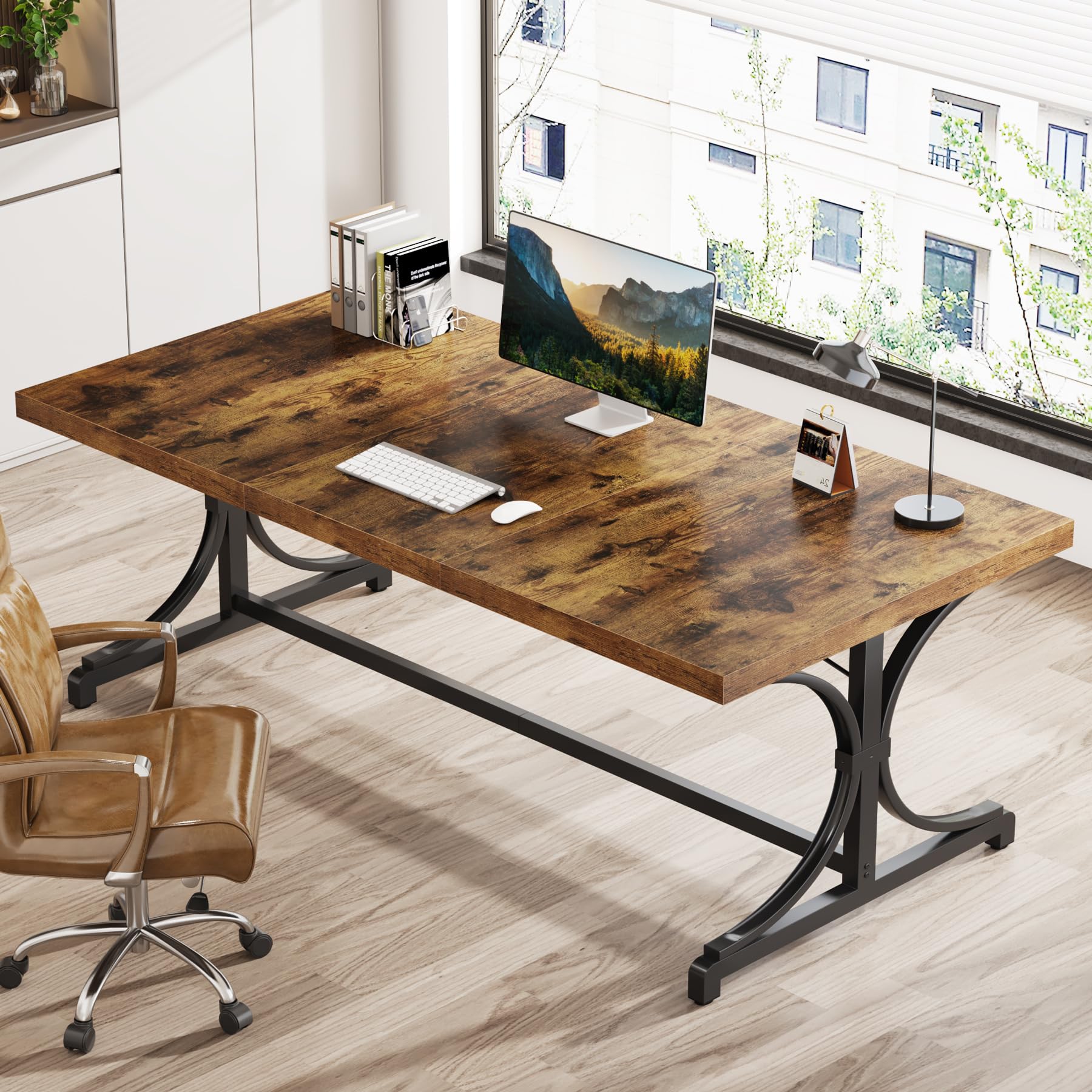 Tribesigns 62.4-Inch Executive Desk, Rectangle Office Computer Desk with Thick Wooden Tabletop and Metal Frame, Study Writing Table Workstation for Home Office, Rustic Brown & Black
