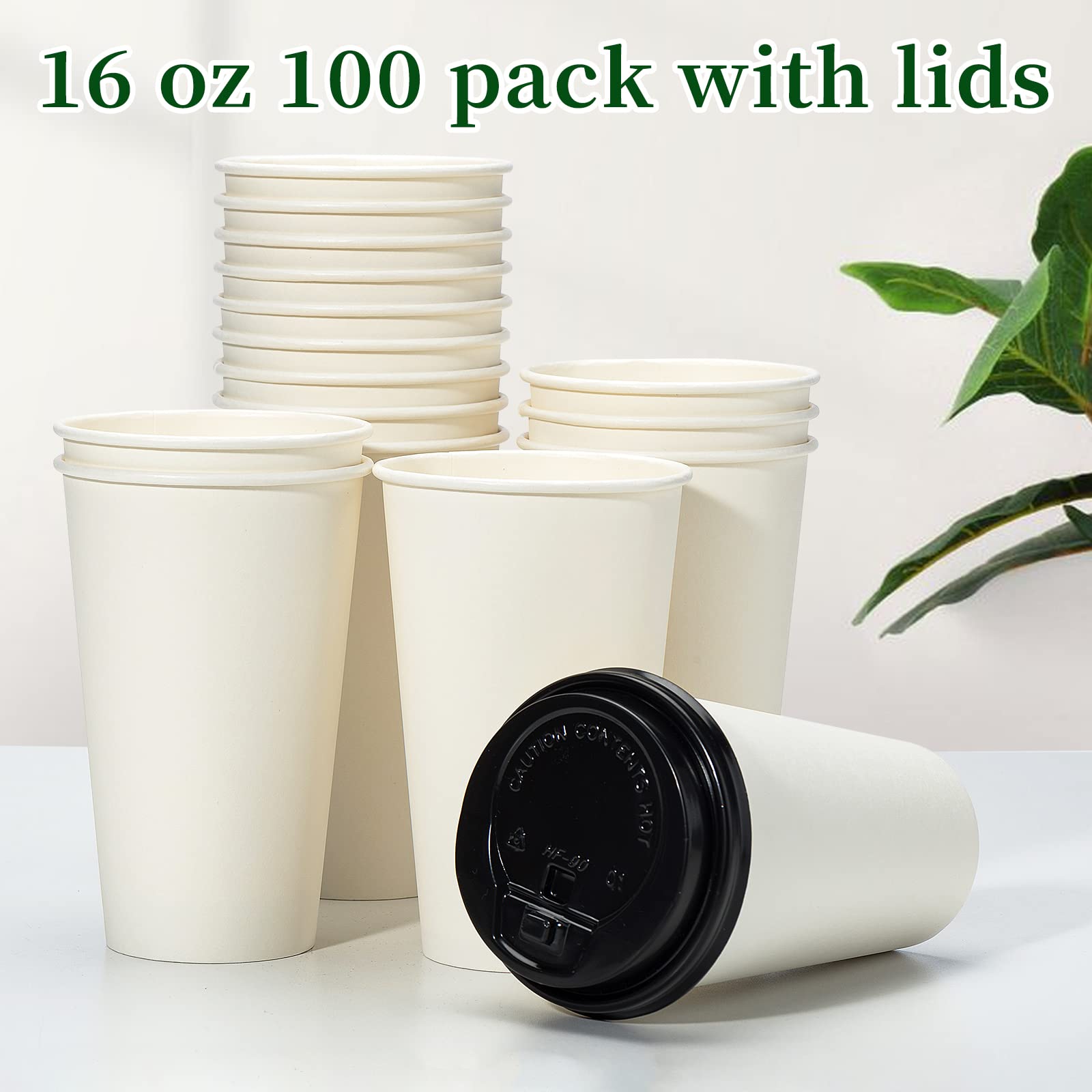 RACETOP [16 oz 100 set with lids] Paper Coffee Cups with Lids, Disposable Coffee Cups with Lids, Hot Drink Paper Cups 16 oz, Ideal for Beverage| Tea (White)