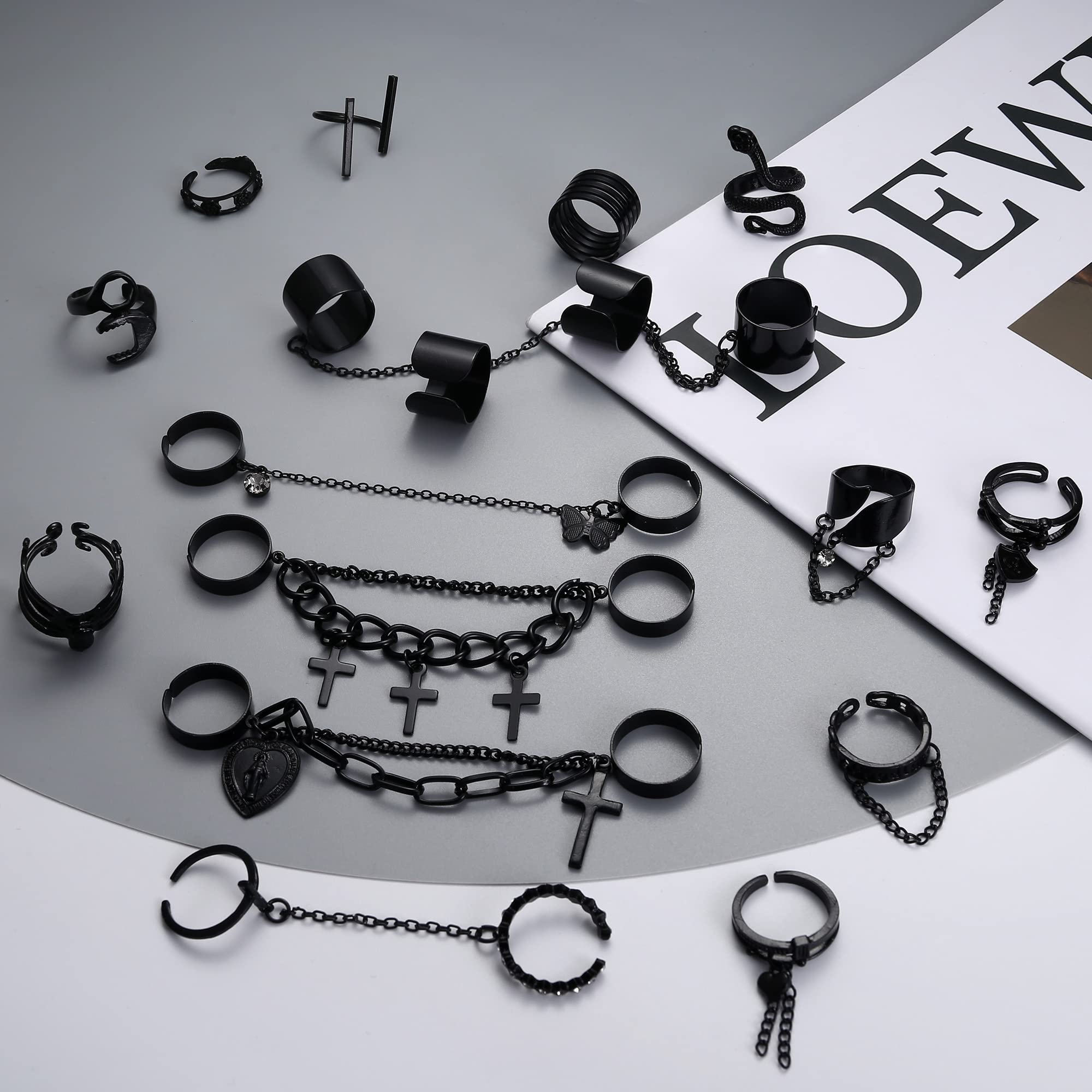 ORAZIO 15Pcs Chain Rings Aesthetic Goth Rings for Women Men Adjustable Gothic Punk Rings Chain Finger Rings Grunge Emo Y2k Rings Cool Statement Stackable Rings Set Vintage Gothic Jewelry Black Tone