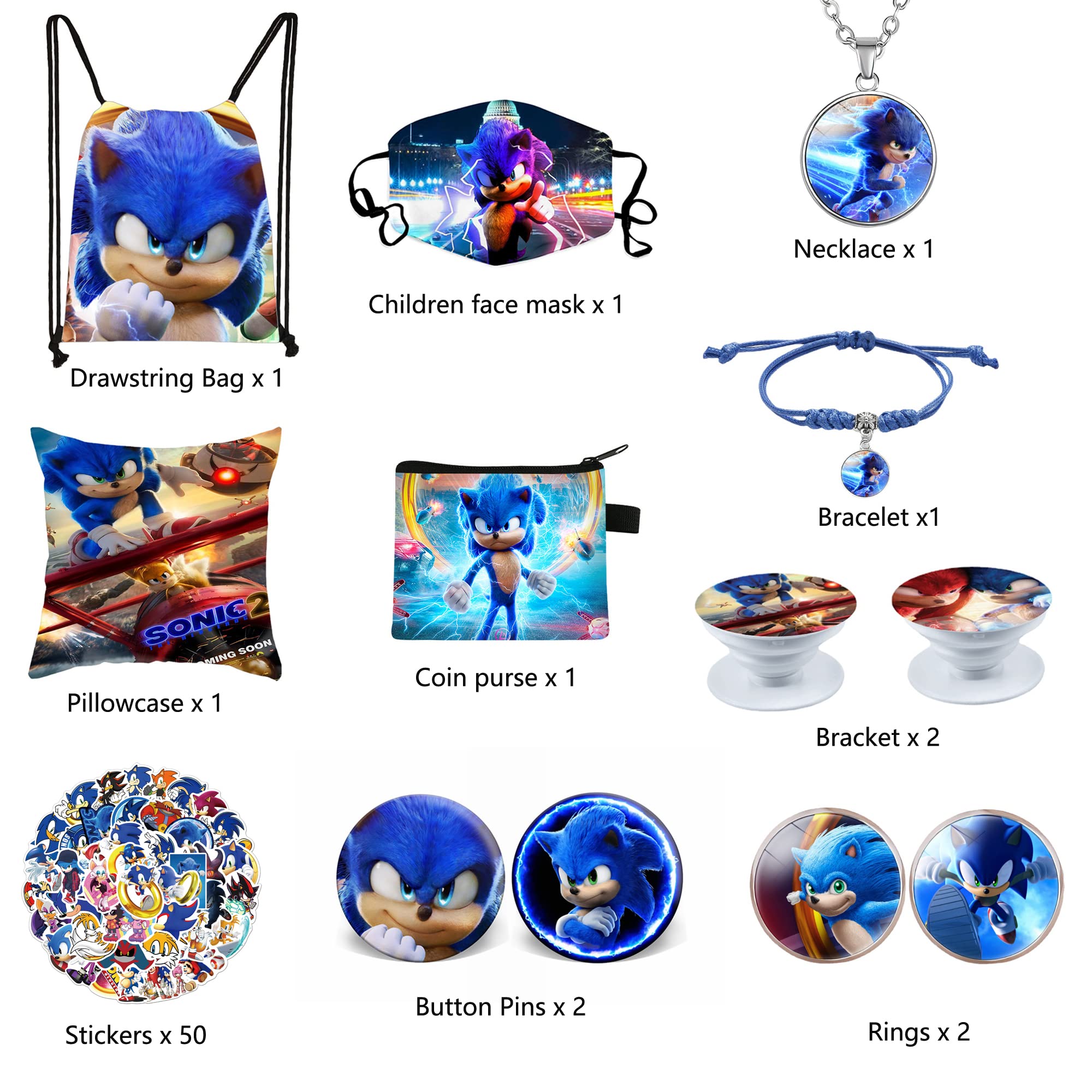 Sonic The Hedgehog Gift Set, Including Sonic 1 Drawstring Bag 1 Pillowcase 1 Face Shield 1 Coin Purse 1 Bracelets 1 Necklace 50 Stickers 2 Brackets 2 Button Pins 2 Rings