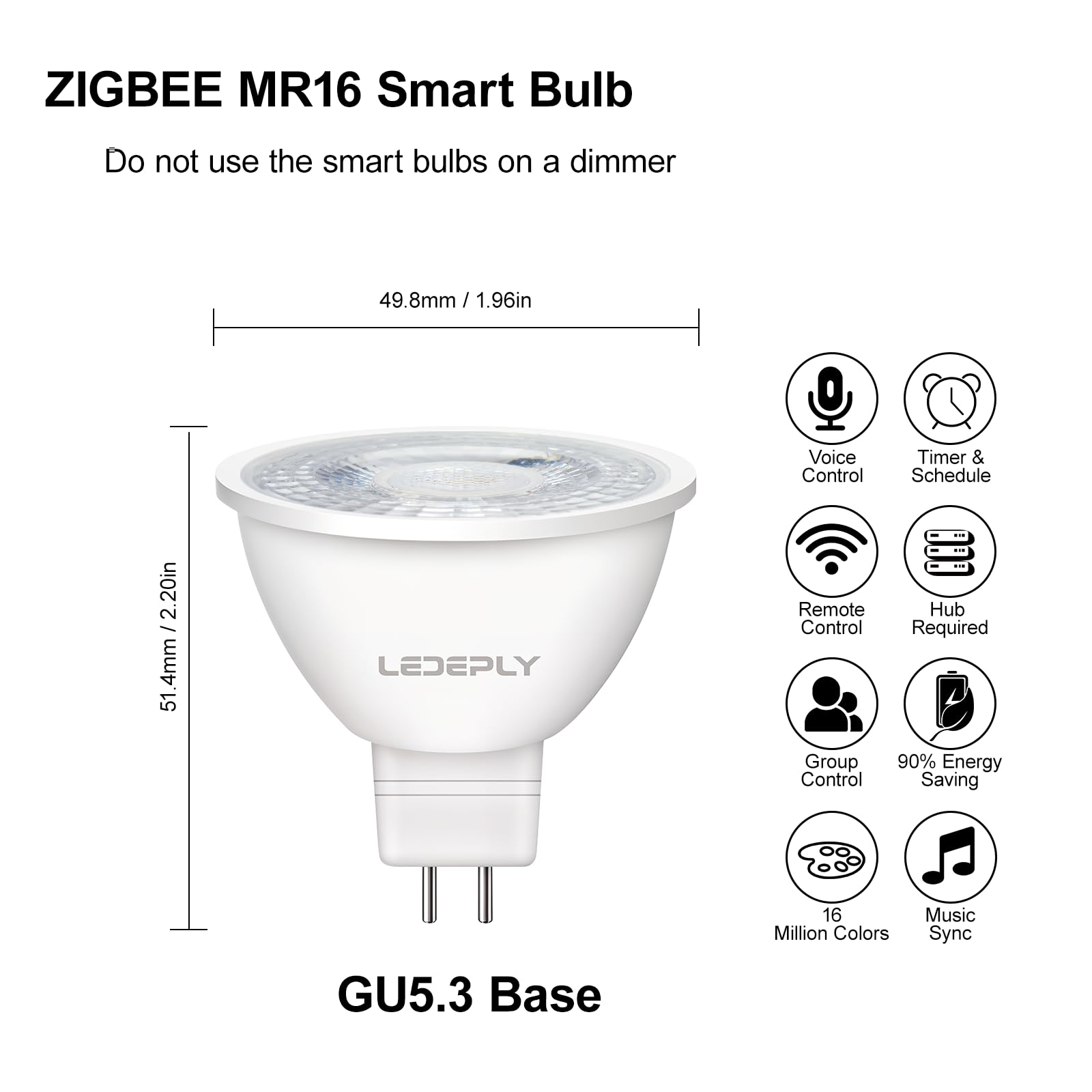 Zigbee MR16 LED Smart Bulb, Hub Required, Compatible with Phi*Lip*s Hu*e*, Alexa, Google, & ConBee, 5W =50W, GU5.3, Dimmable, AC/DC 12V, Color Changing & Tunable White, 2-Pack