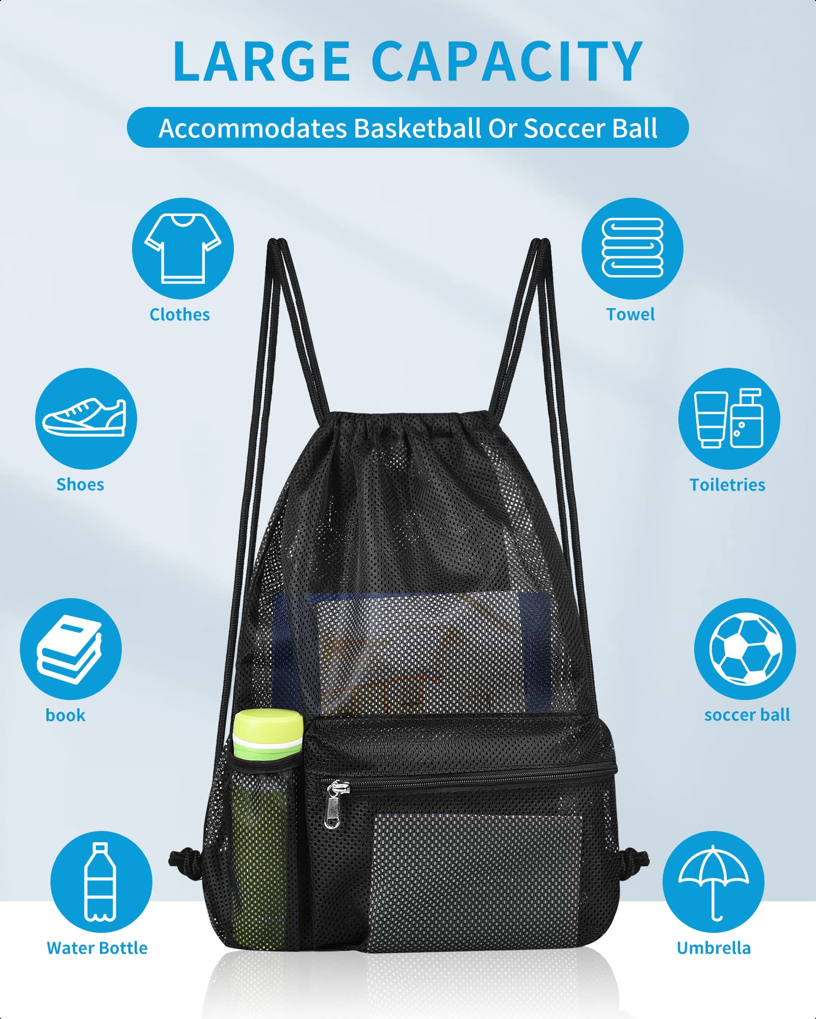 Paxiland Heavy Duty Mesh Drawstring Bag for Basketball Sport Equipment Storage Bag Drawstring Backpack for Beach Swimming Toys Gym (Black)