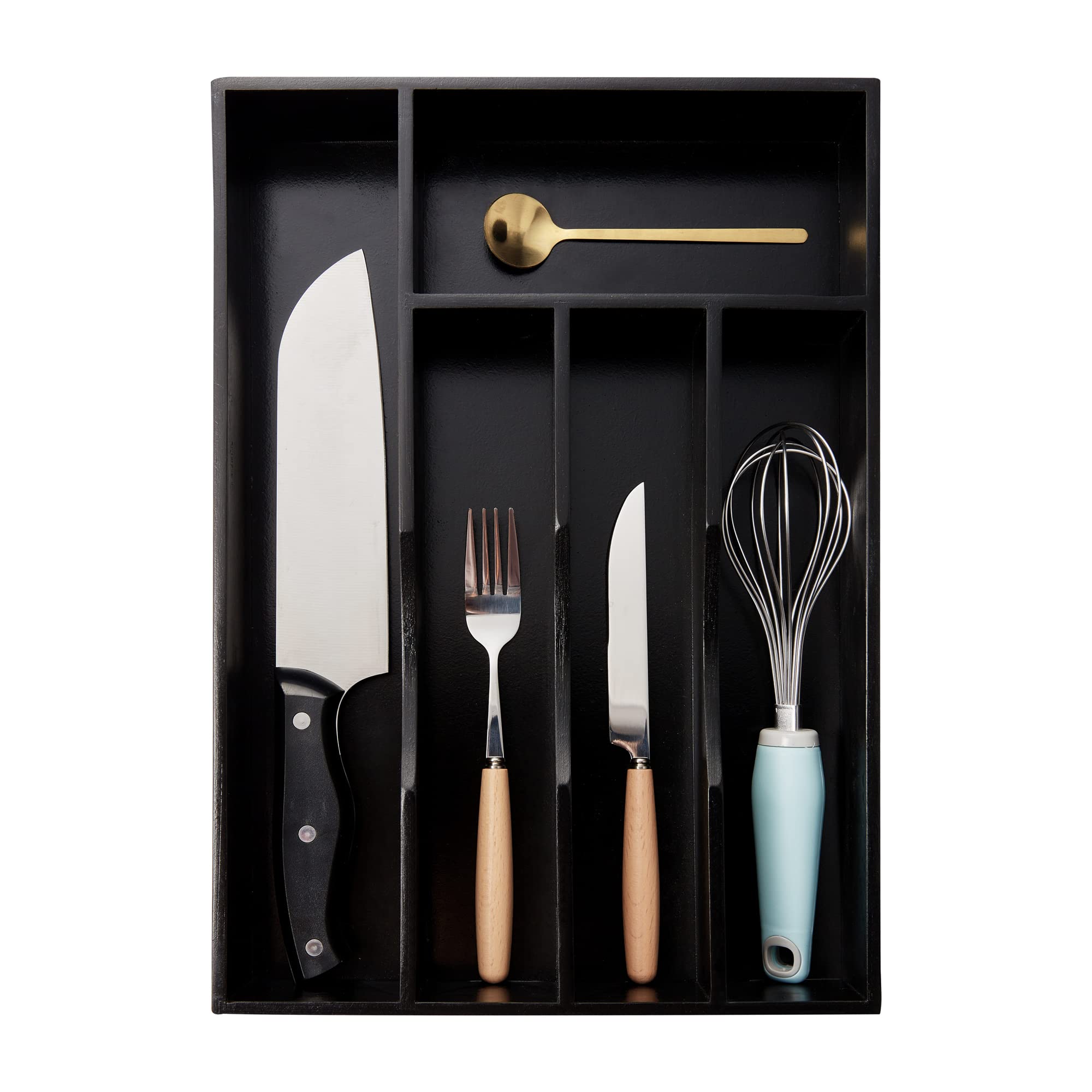 oridom 5-Slots Bamboo Silverware Drawer Organizer for Kitchen,Bamboo Wood Cutlery Tray in Drawer for Flatware and Utensils in Kitchen, (White)