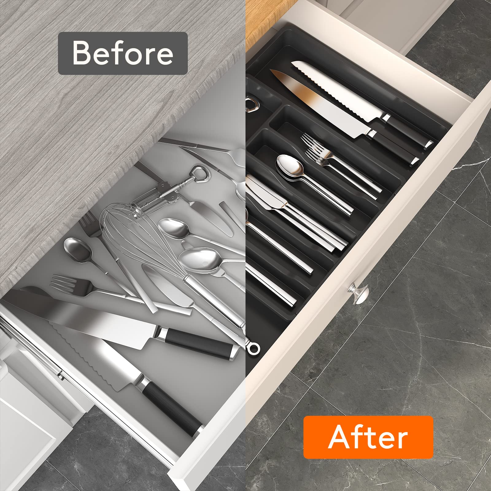 Lifewit Silverware Drawer Organizer/Drawer Knife Block, Expandable Utensil Tray for Kitchen, Adjustable Flatware and Cutlery Holder, Compact Plastic Storage for Spoons Forks Knives