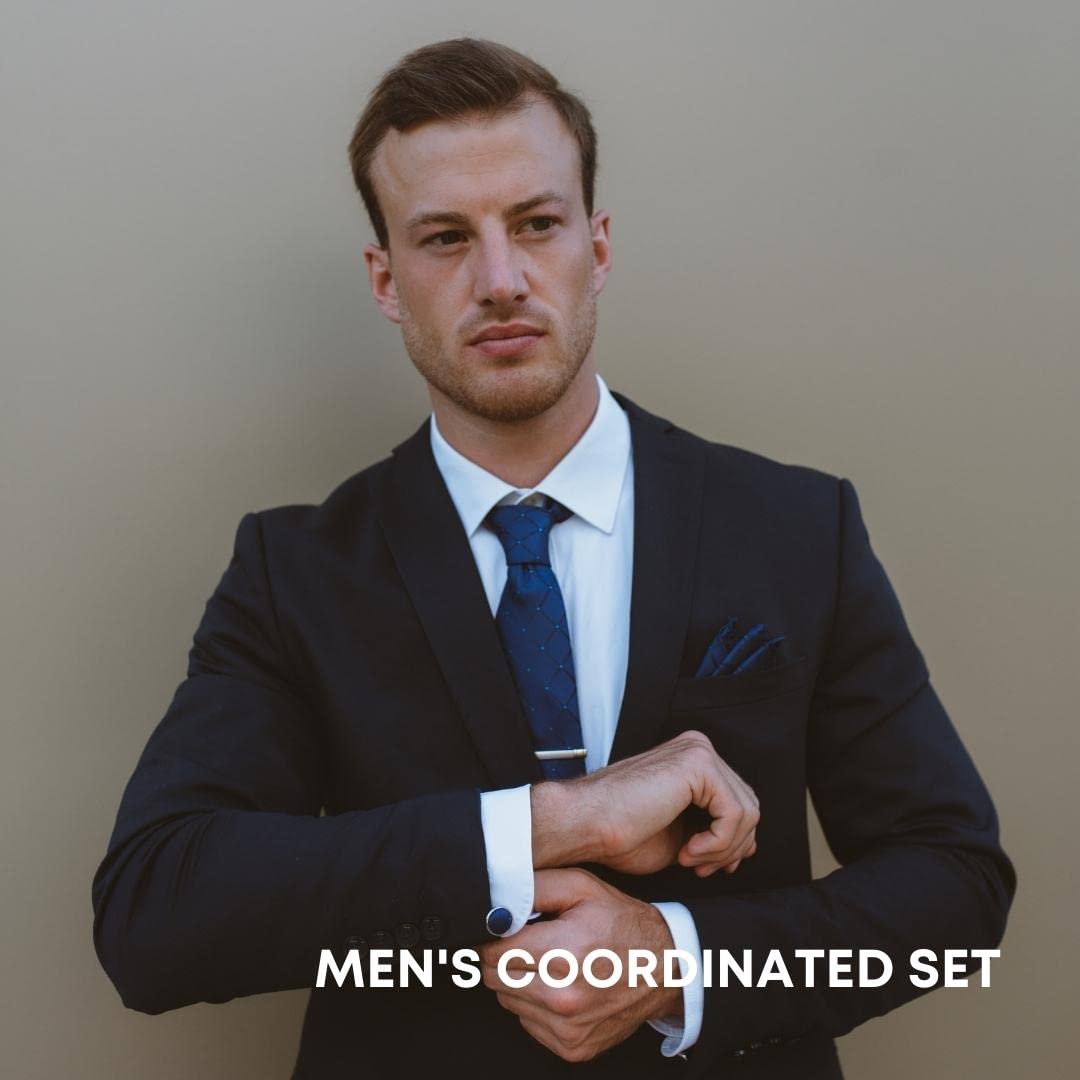 Massi Morino ® Mens Tie Set (Cufflinks and tie set) Box including Men ties + Cufflinks + handkerchief/bluetie tieblue blue azure royal sapphire teal turquoise ultramarine square shape
