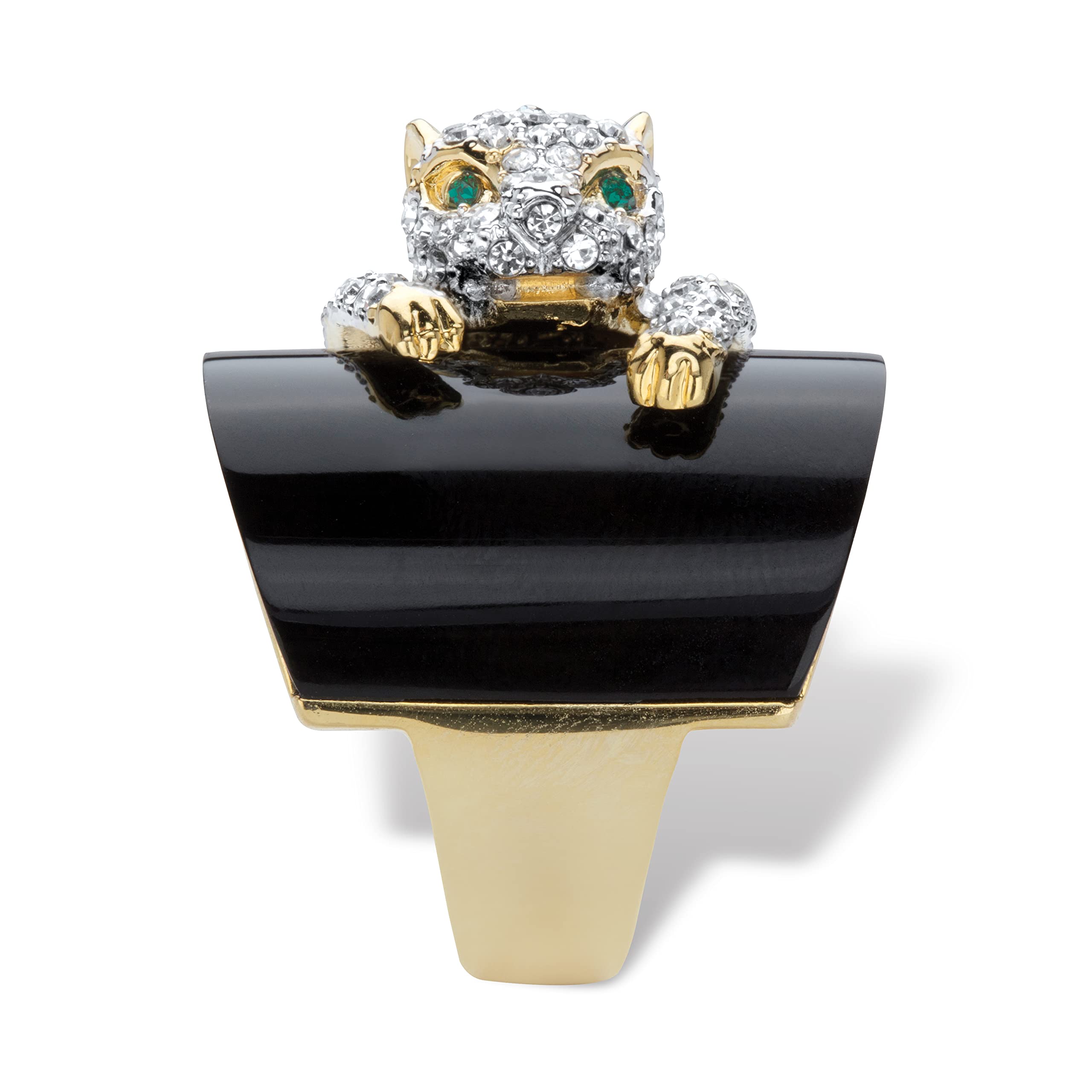 PalmBeach Yellow Gold-Plated Natural Black Onyx and Round Green Crystals Leopard Ring Sizes 6-10 Size 8