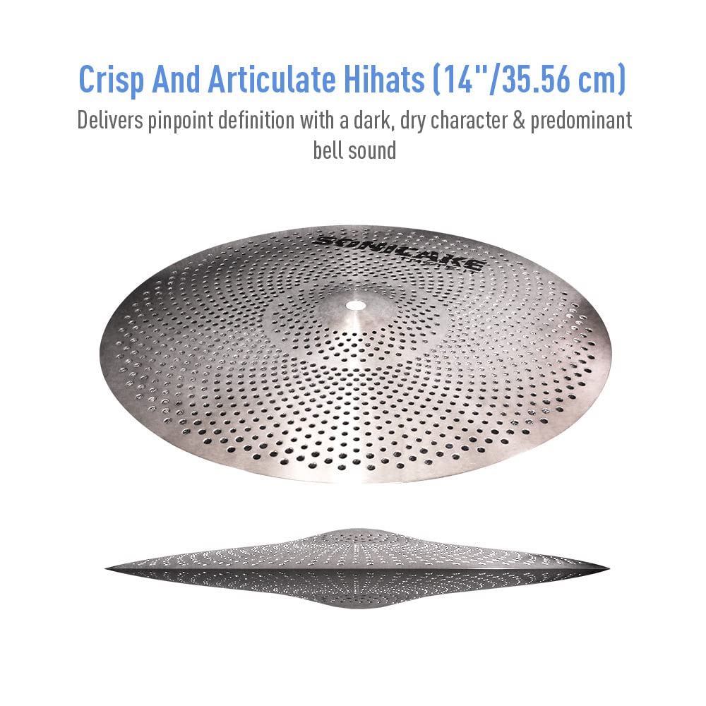 SONICAKE Low Volume Cymbal Pack Quiet Cymbal Set 14"Hi-hats+16"Crash+18"Crash+20"Ride 5 Pcs Mute Drum Cymbal Set Quiet Practice Cymbal, Sliver