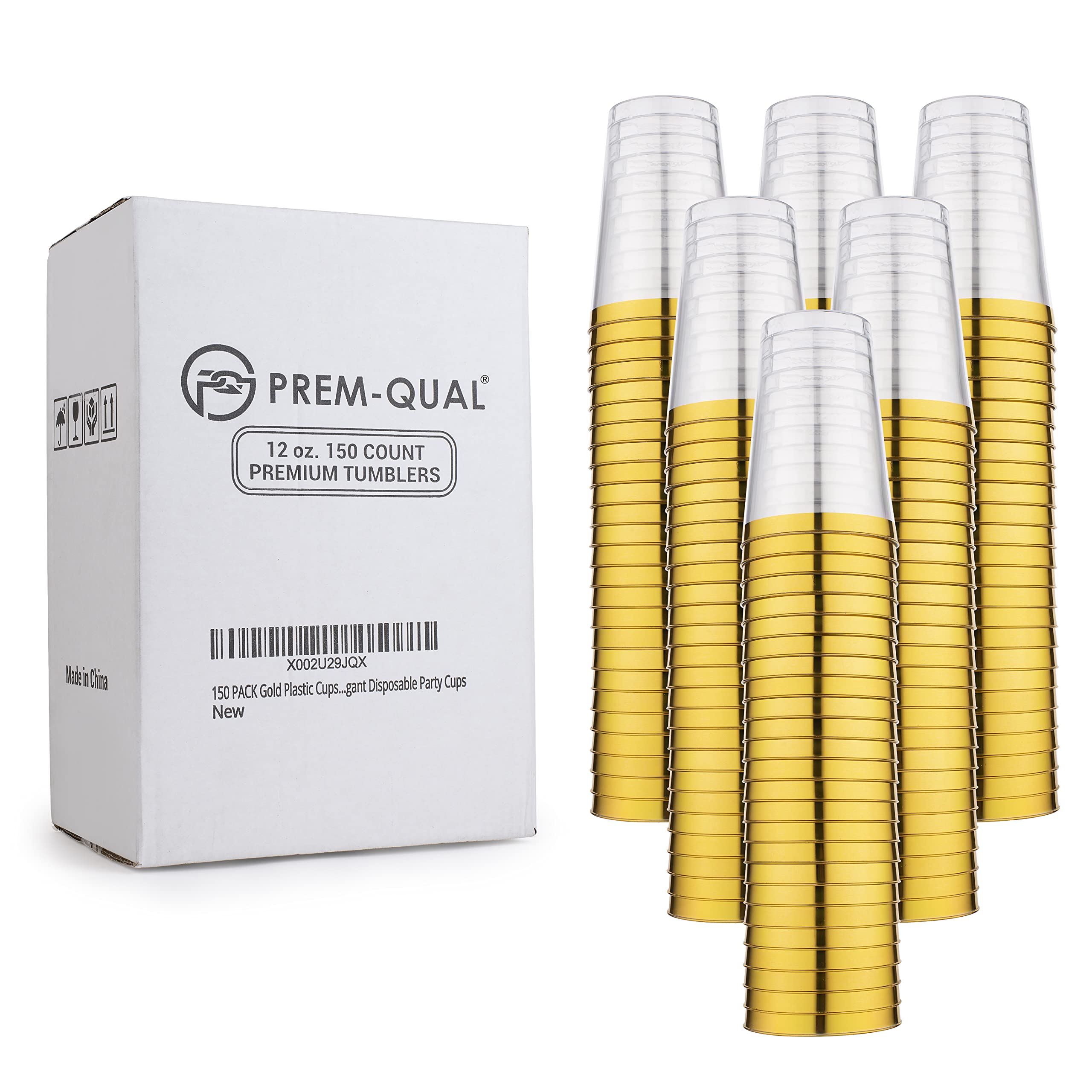 PREM-QUAL 150 Gold Rimmed 12oz Plastic Disposable Heavy Duty Elegant Gold Cups for Wedding, Baby Shower or Any Party