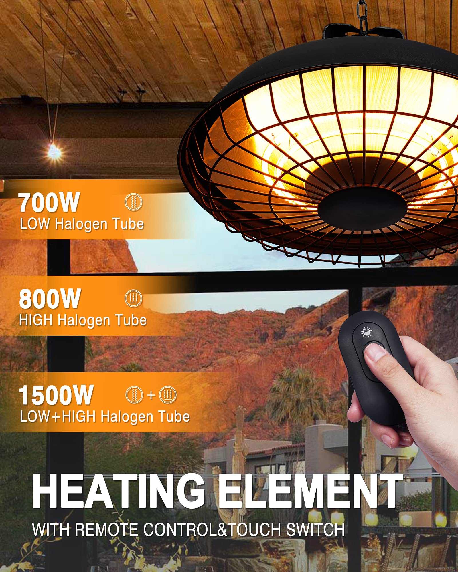 Star Patio Electric Patio Heater, Outdoor Ceiling Heater With Remote Control & Touch Switch, 700/800/1500W Hanging Patio Heater With UFO Shape Sandy Black, Infrared Heater, IP44 Waterproof, STP2036-B