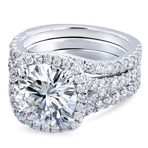 Kobelli Round G-H Moissanite Cushion Halo Bridal Wedding Set 4 1/3 CTW 14k White Gold 3 Piece Set, 9