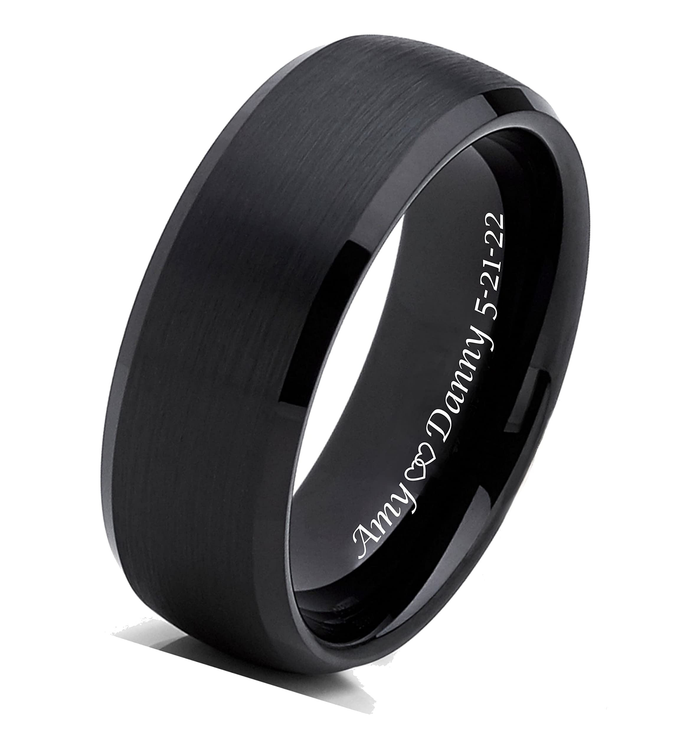 Personalized Black Brushed Men's Tungsten, Custom Engraved Ring, Black Wedding Band, Fiancé Engagement Ring, 8mm Men's Ring- Made in USA