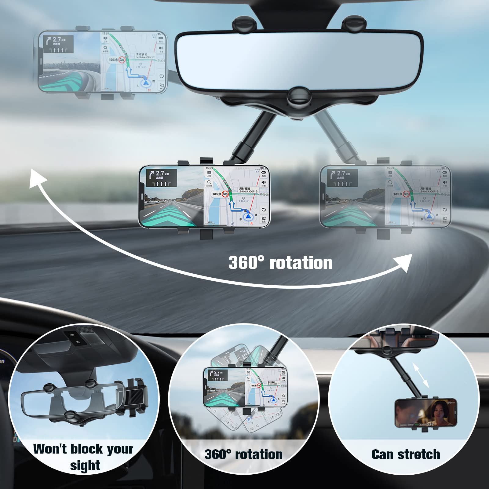 PDPdoc Universal 360 Car Rearview Mirror Mount Phone Holder, Black, Compatible with All Smartphones and Car Models