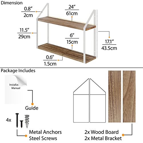 Wallniture Modena 2-Tier 24" Bathroom Organizer, Wall Shelves Kitchen Organization, Laundry Decor Book Shelves for Wall Living Room Burnt Finish, White Bracket