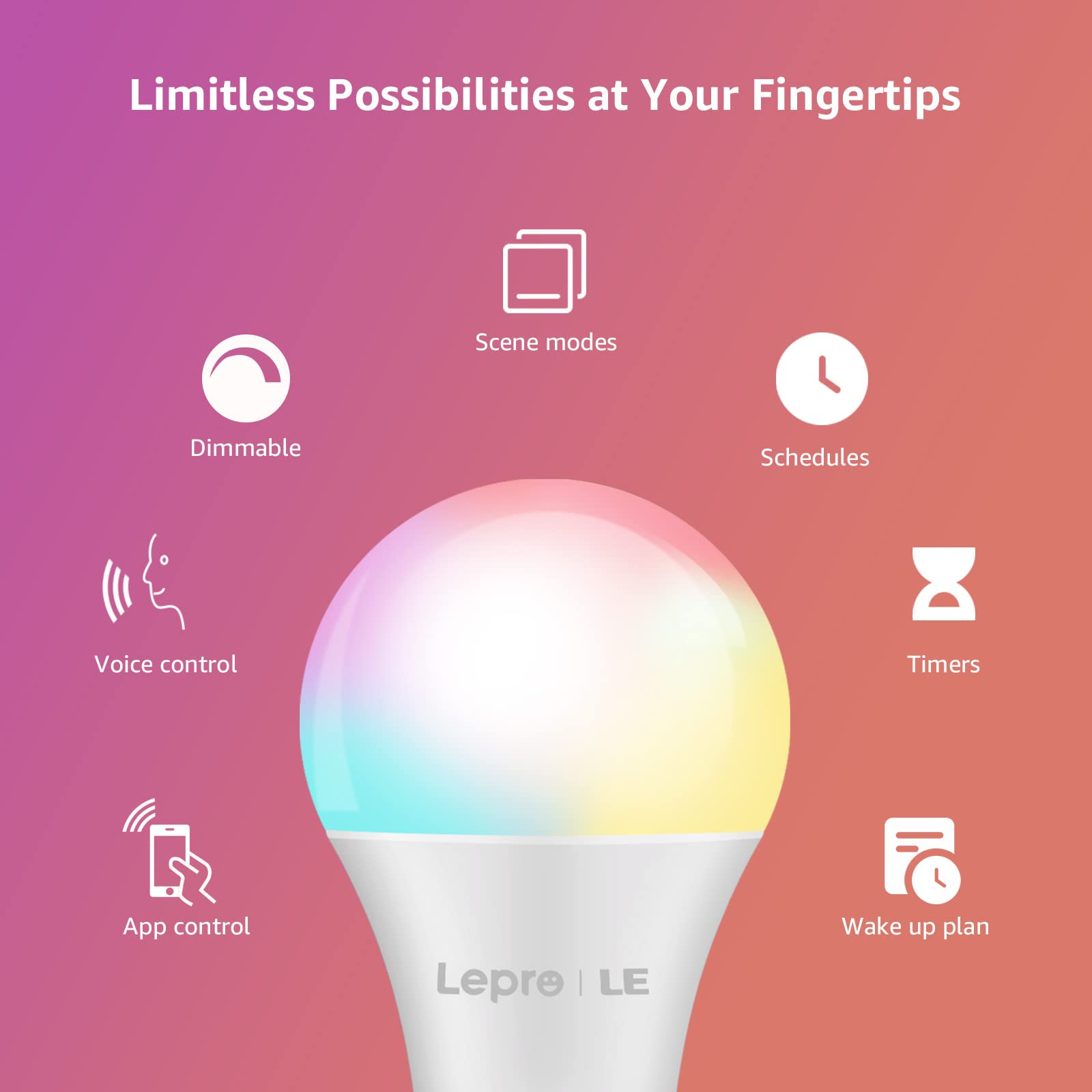 LE Smart Light Bulbs, LED Color Changing Lights, Works with Alexa and Google Assistant, RGB & Soft Warm White, 60 Watt Equivalent, Dimmable with App, A19 E26, No Hub Required, 2.4GHz WiFi Only