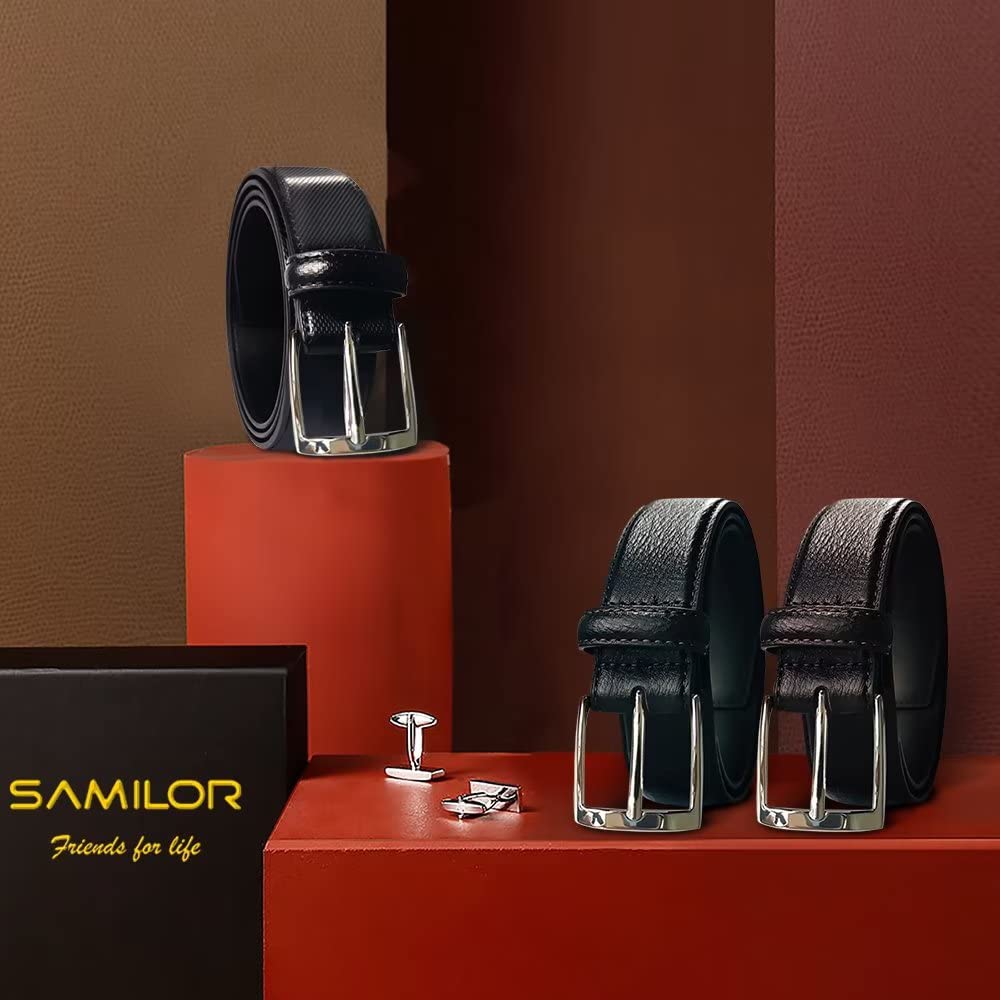 Samilor Genuine Leather Dress Belts For Men Mens Belt For Work Business With Single Prong Buckle In Gift Box, 1 3/8", BLACK TEXTURE,36-38