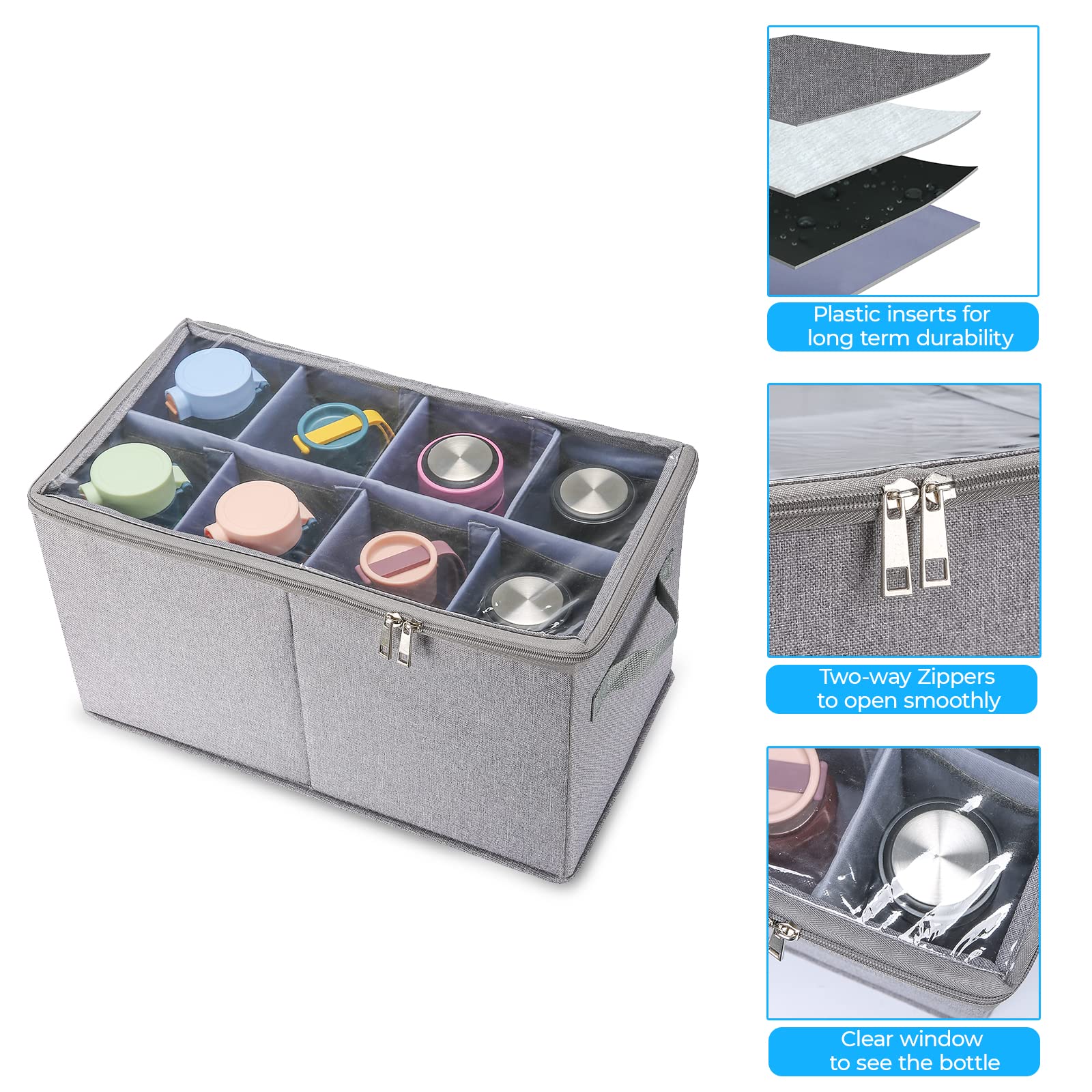 Puricon Water Bottle Storage Containers with Dividers, Drinkware Bottle Boxes Case with Lid for Kitchen Cabinet Cardboard Pantry Shelf -Grey